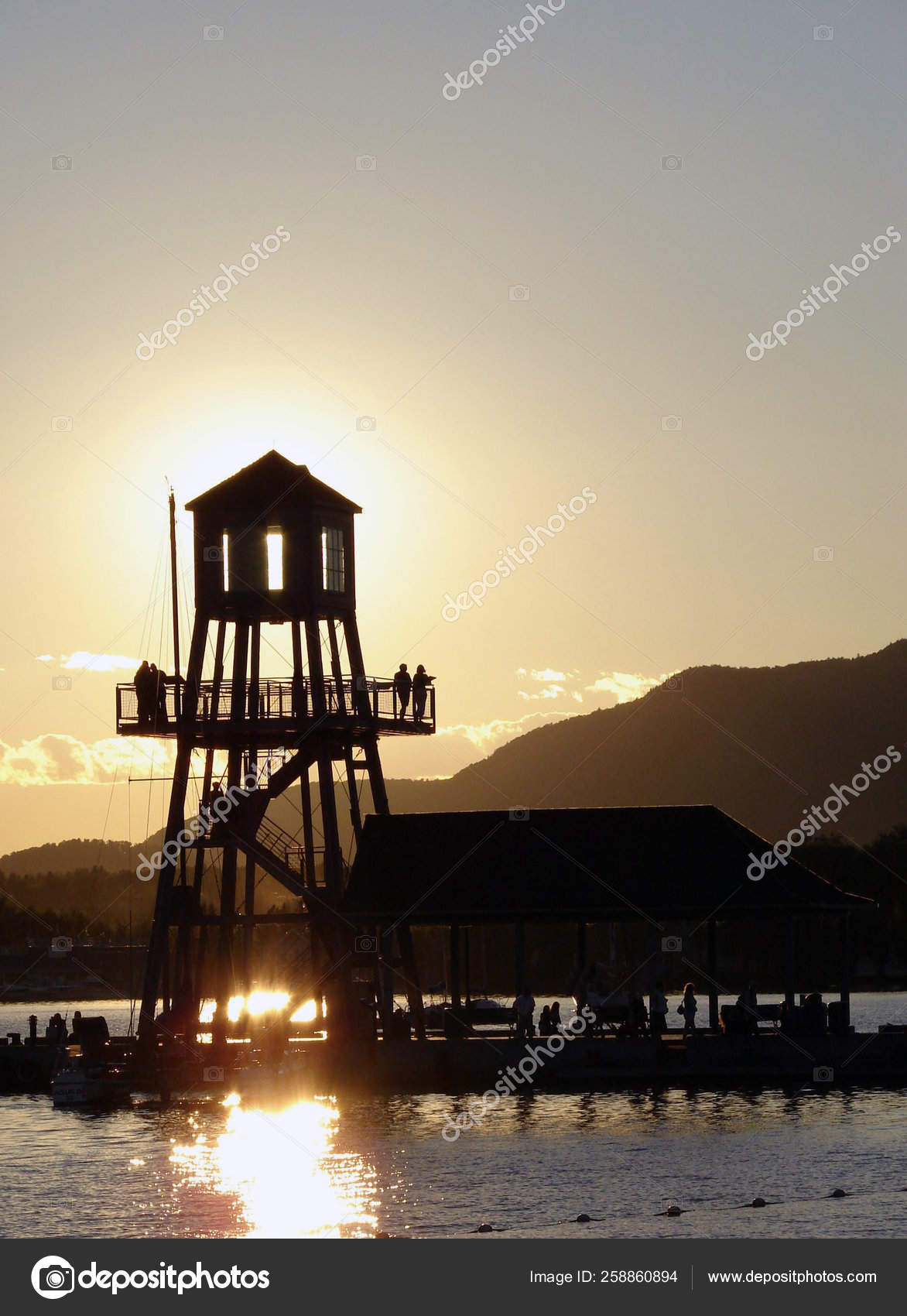 Observation Tower Silhouette Sunset Memphremagog Lake Province Quebec ...