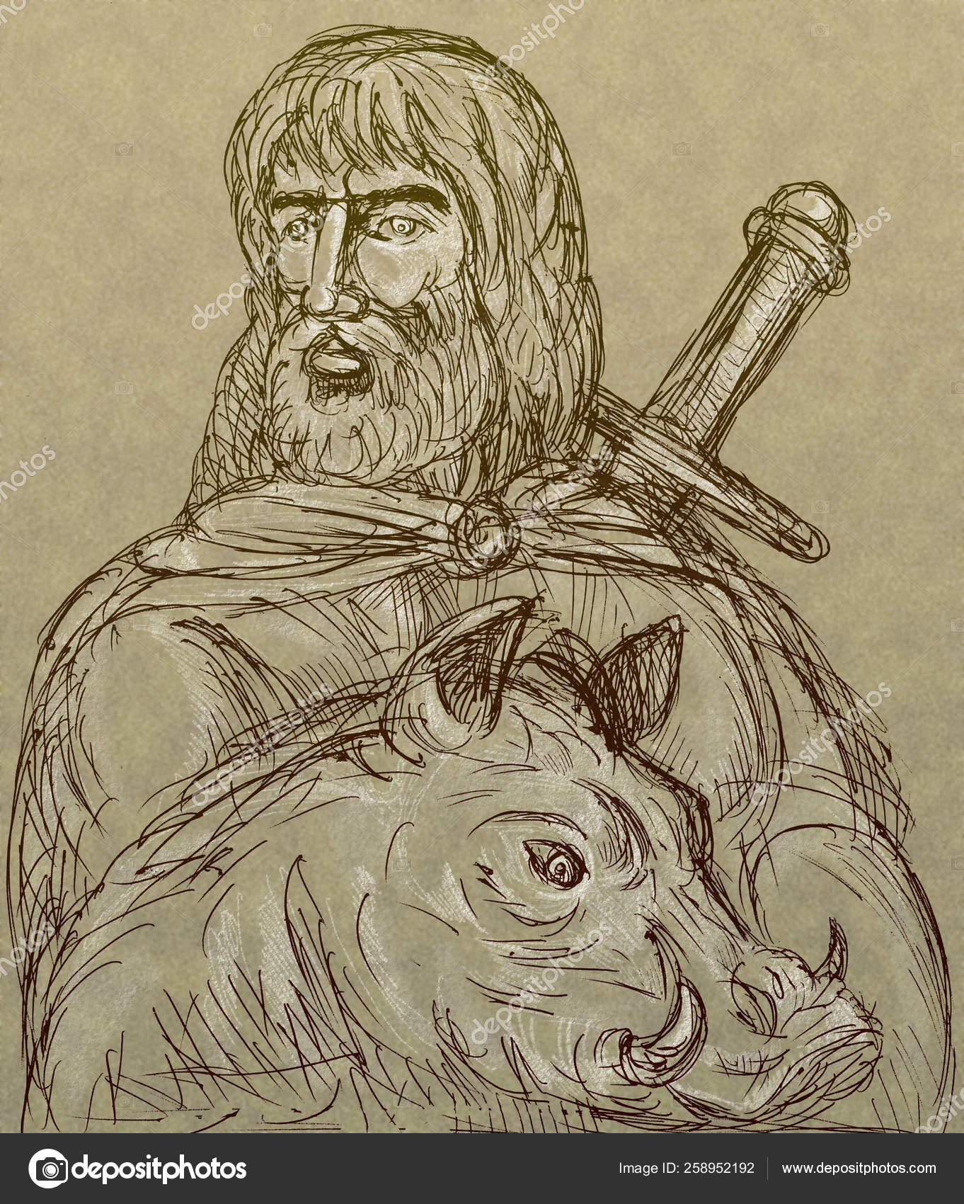 Hand Drawn Sketch Norse God Agriculture Sword Boar Stock Photo by ...