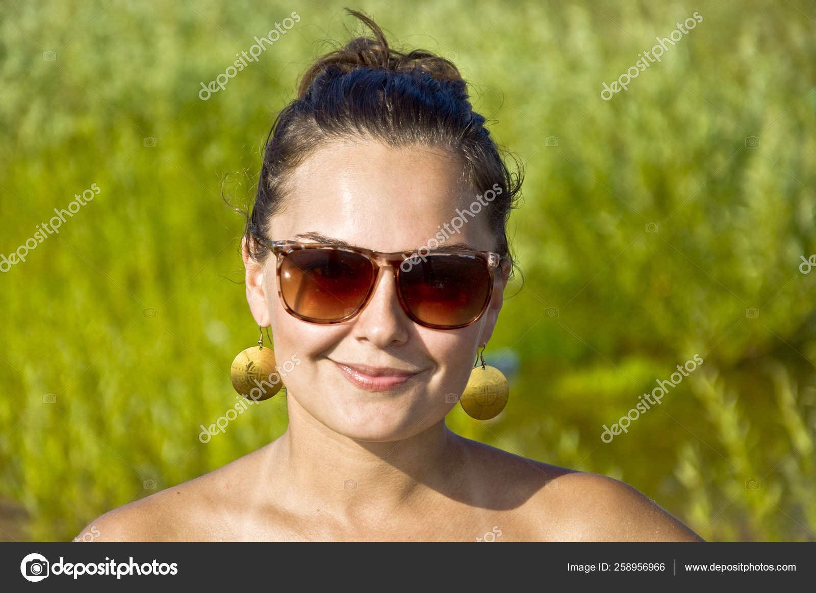 Beautiful Young Girl Sunglasses Beach Portrait Blurred Background