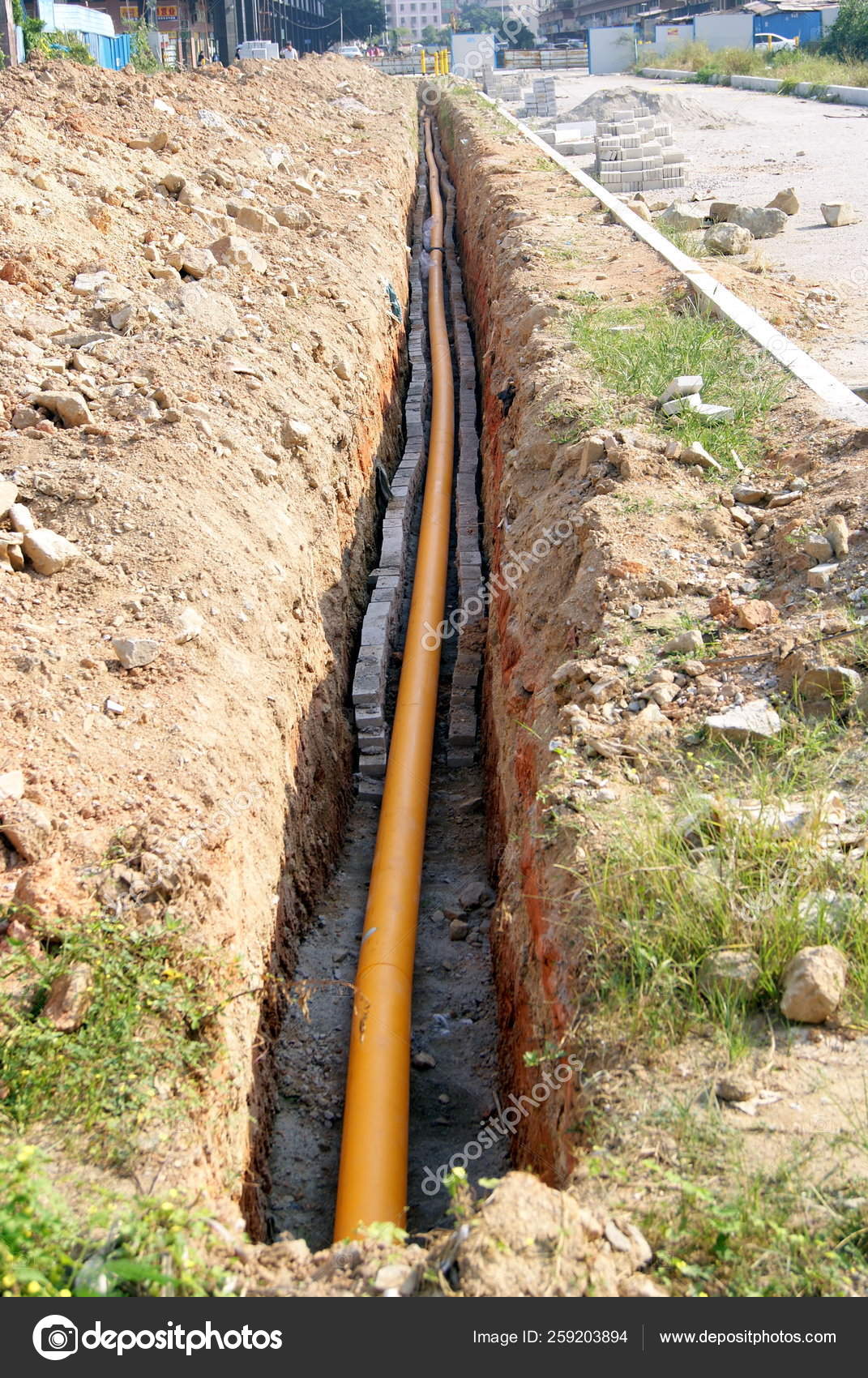 City Road Installation Plastic Pipe Dug Long Pit Stock Photo by ...