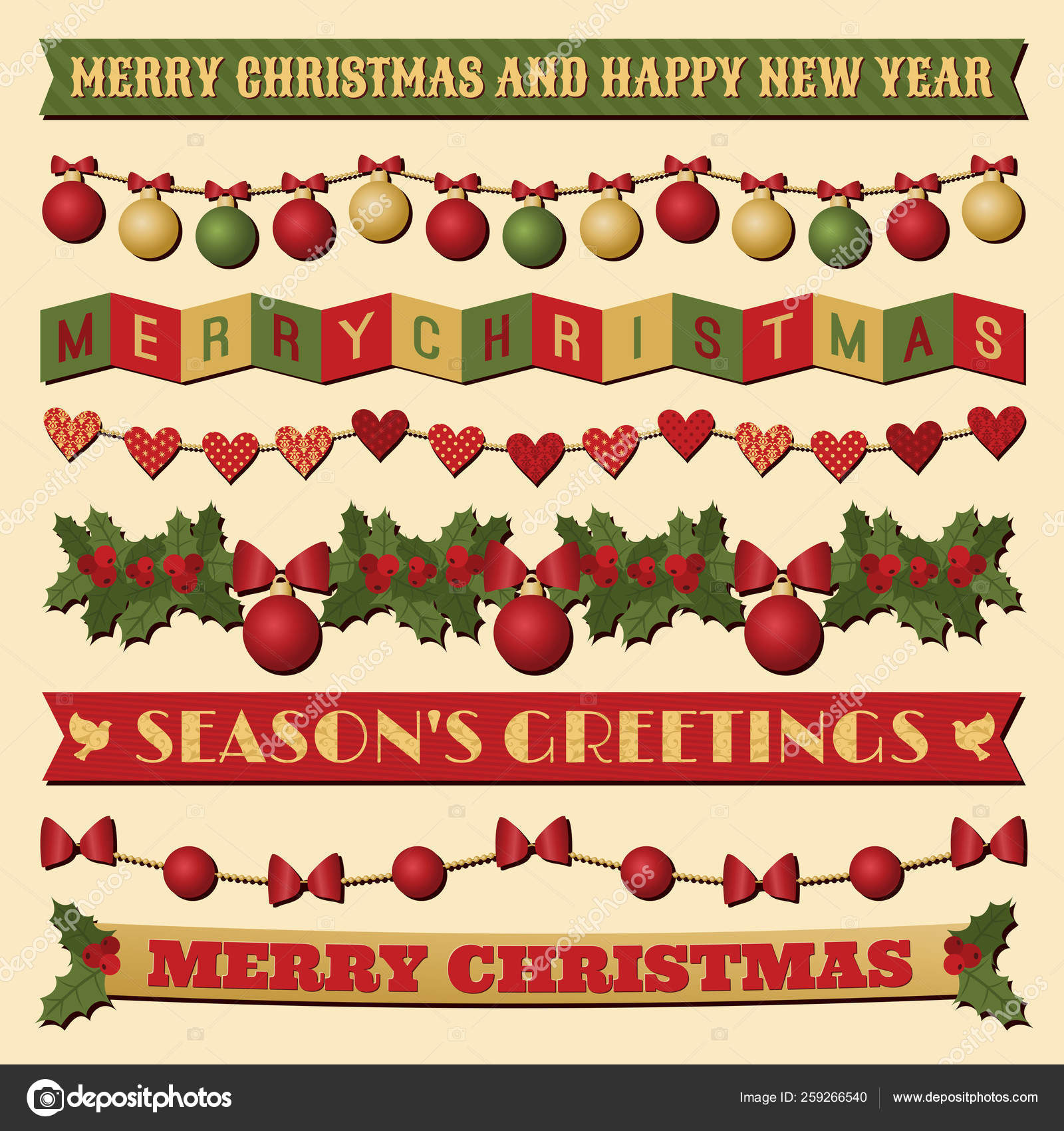 Set Vintage Design Garlands Banners Christmas Traditional Red Green ...