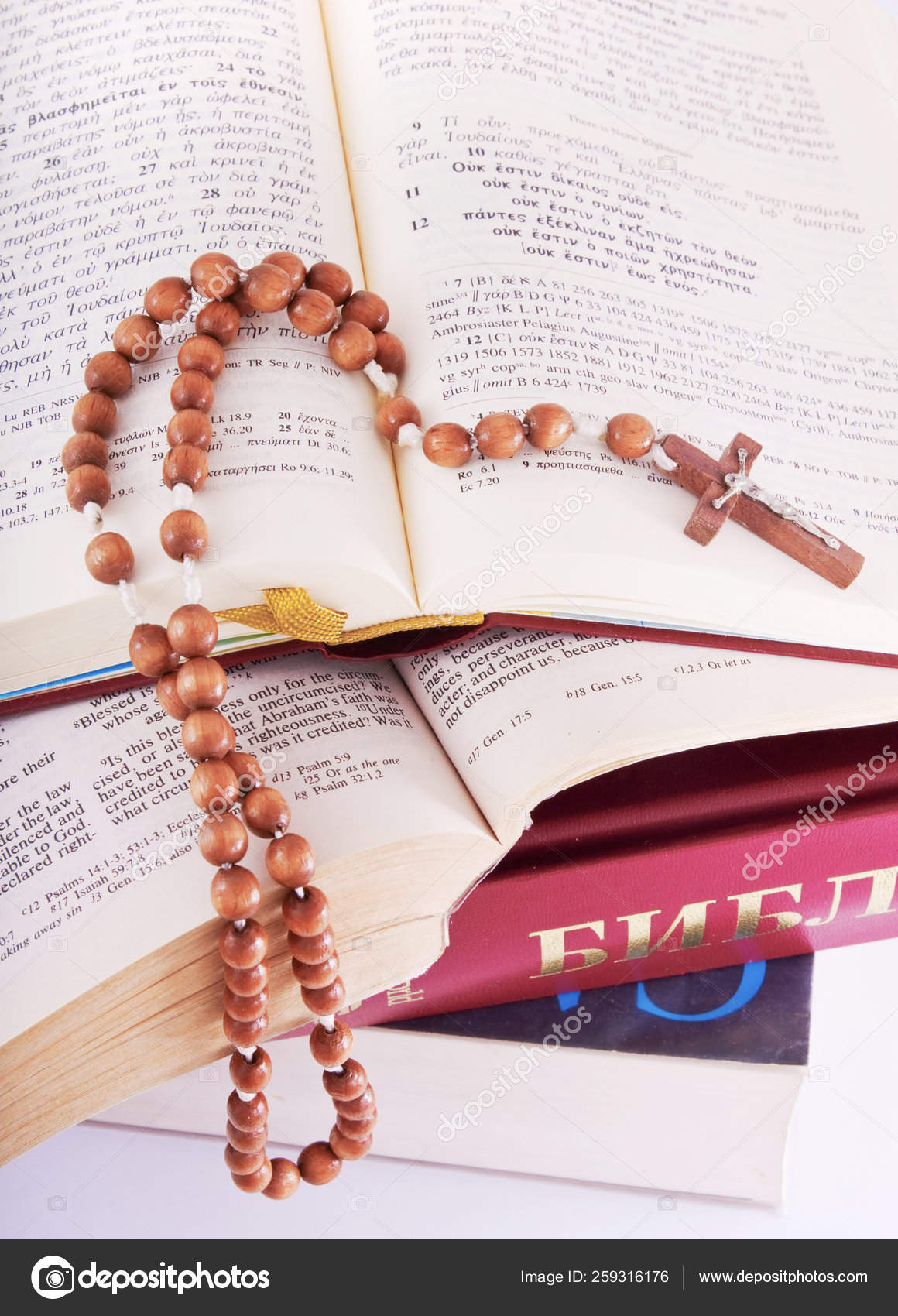 Open Holy Bible Lying Stack Old Books Glasses Cross Beads Stock Photo ...