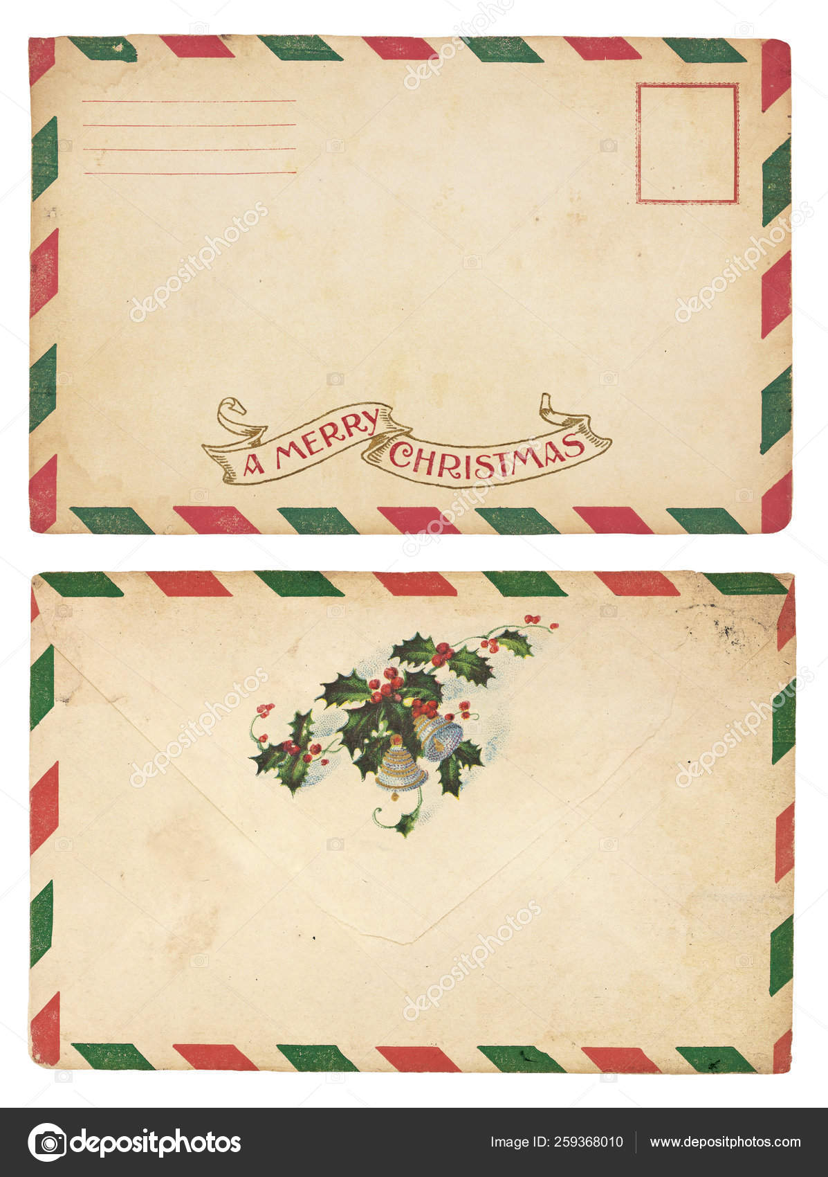 Front Back Aging Christmas Envelope Red Green Striped Border Isolated ...