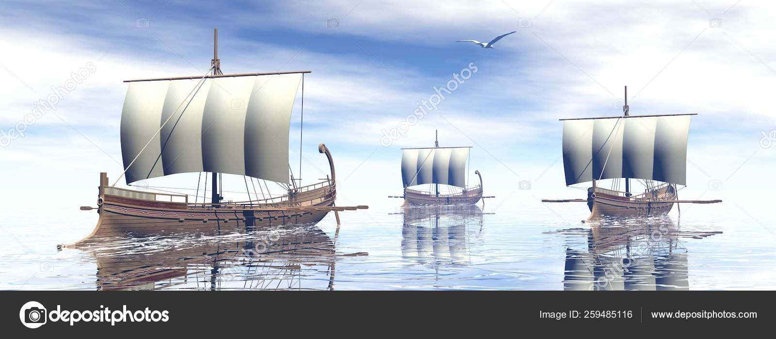 Three Ancient Greek Boats Floating Ocean Day Render — Stock Photo ...