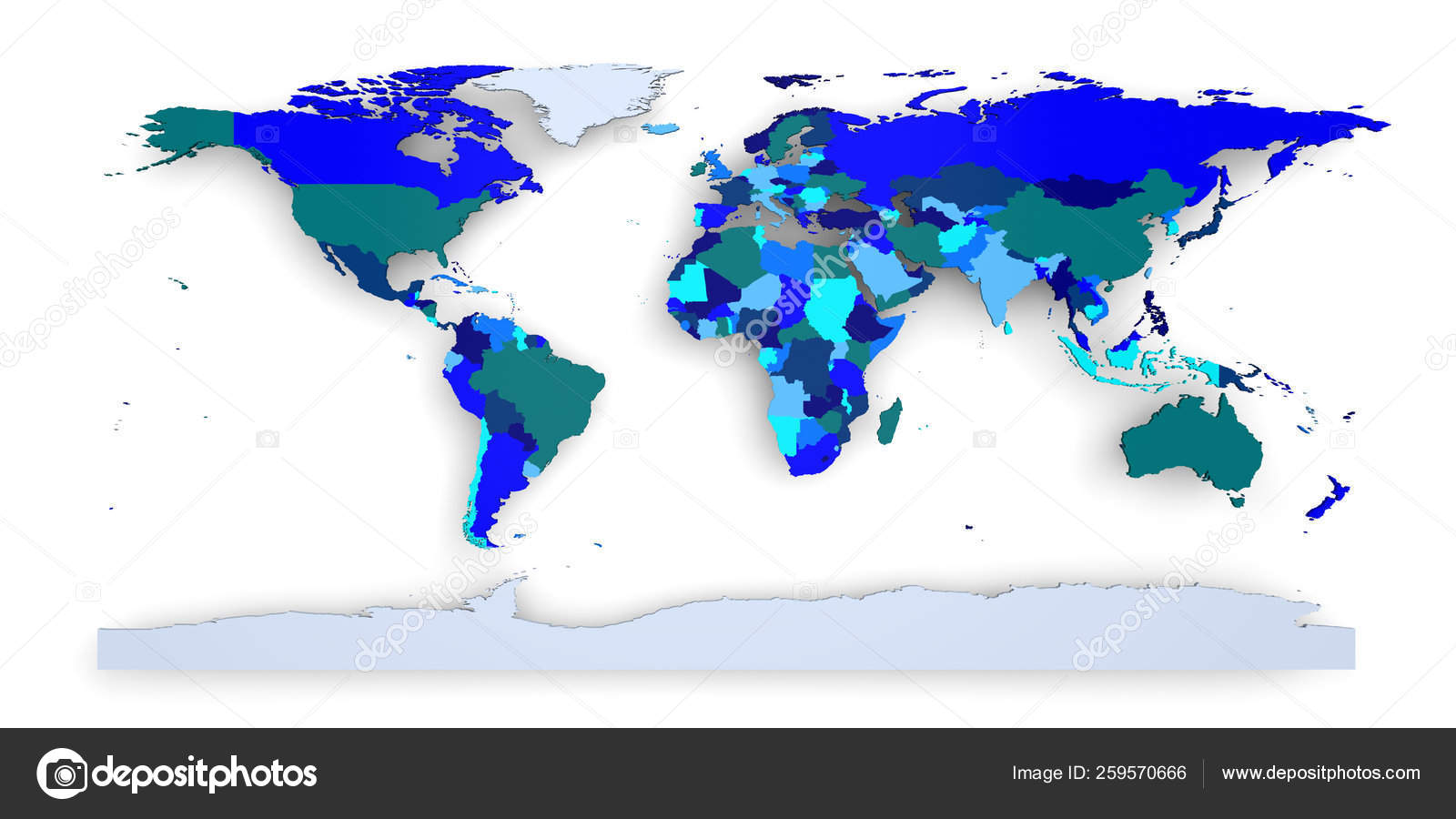 Blue Tone Political World Map Isolated White Background Soft Shadow ...
