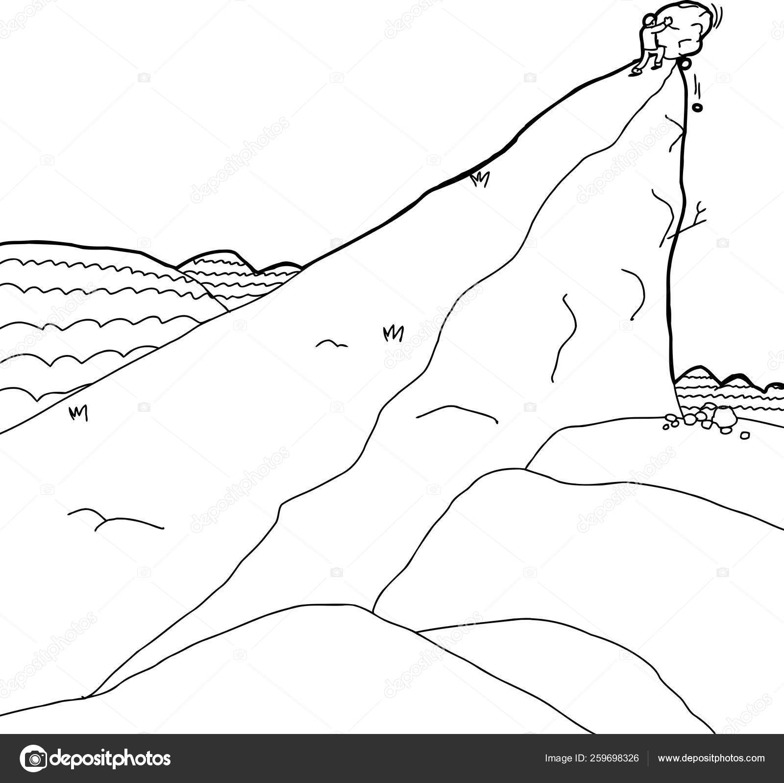 Outline Cartoon Single Man Pushing Large Rock Hill Stock Photo by ...