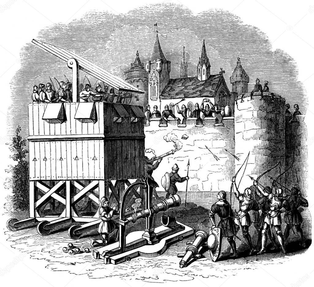 Medievel seige engine tower attacking castle, Publushed by Charles ...