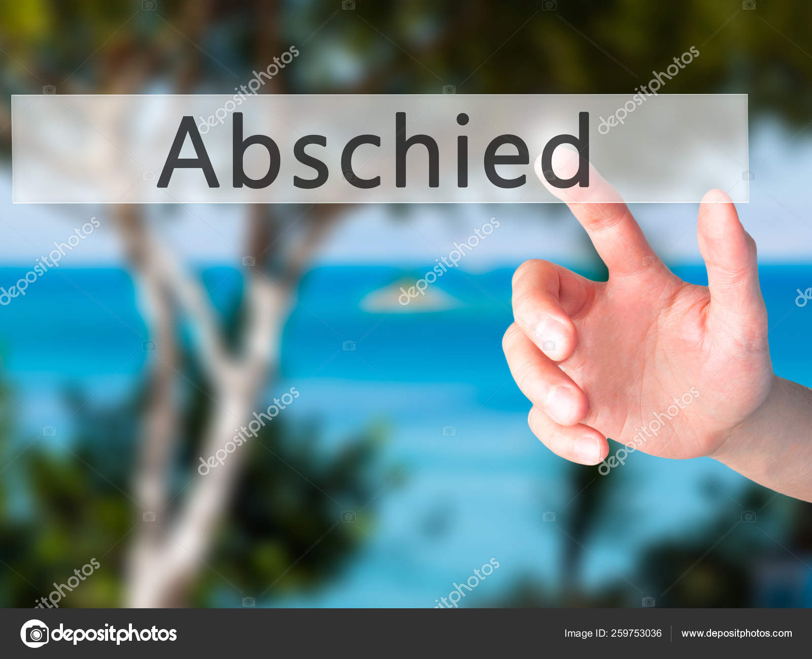 Abschied Farewell German Hand Pressing Button Blurred Background ...