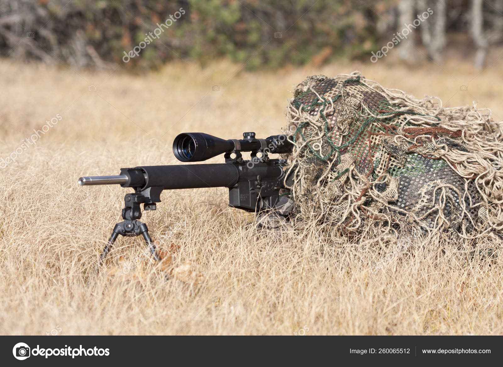 Sniper Laying Ground Covered Ghille Suite Tall Grass Trees Background ...