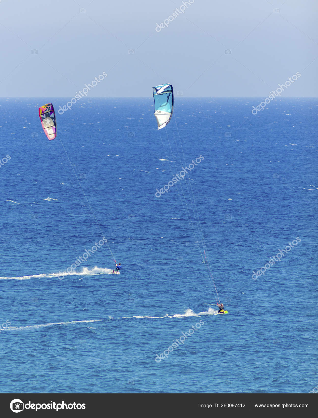 Two Men Kitesurfing Crystal Bays Cyprus Watersport Whereby Kite Surfer ...