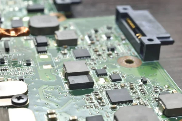 Zoomed Green Motherboard Mainboard Chips Fan Cooler — Stock Photo ...