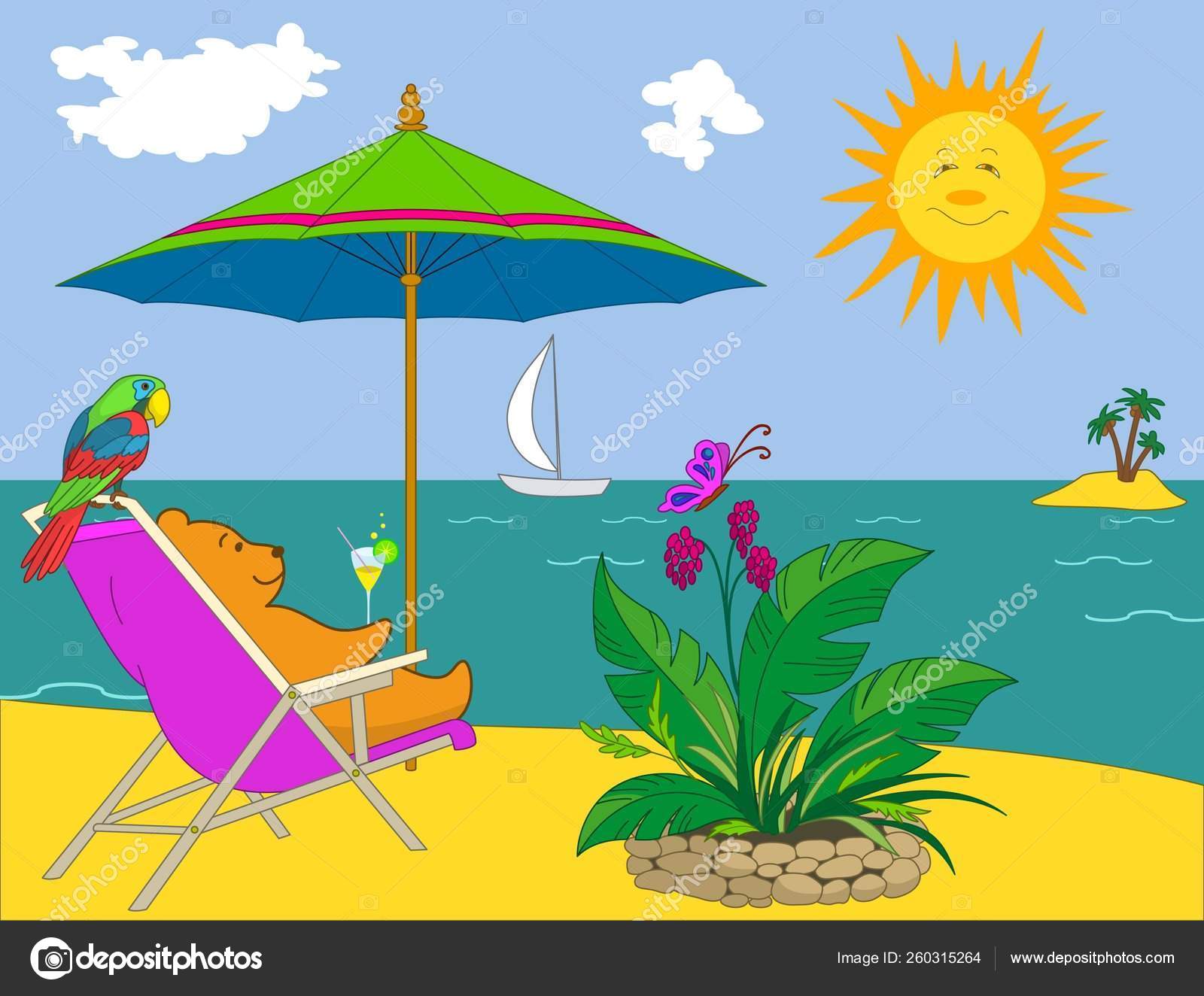 Cartoon Teddy Bear Has Rest Beach Sitting Chaise Lounge Drinks — Stock ...