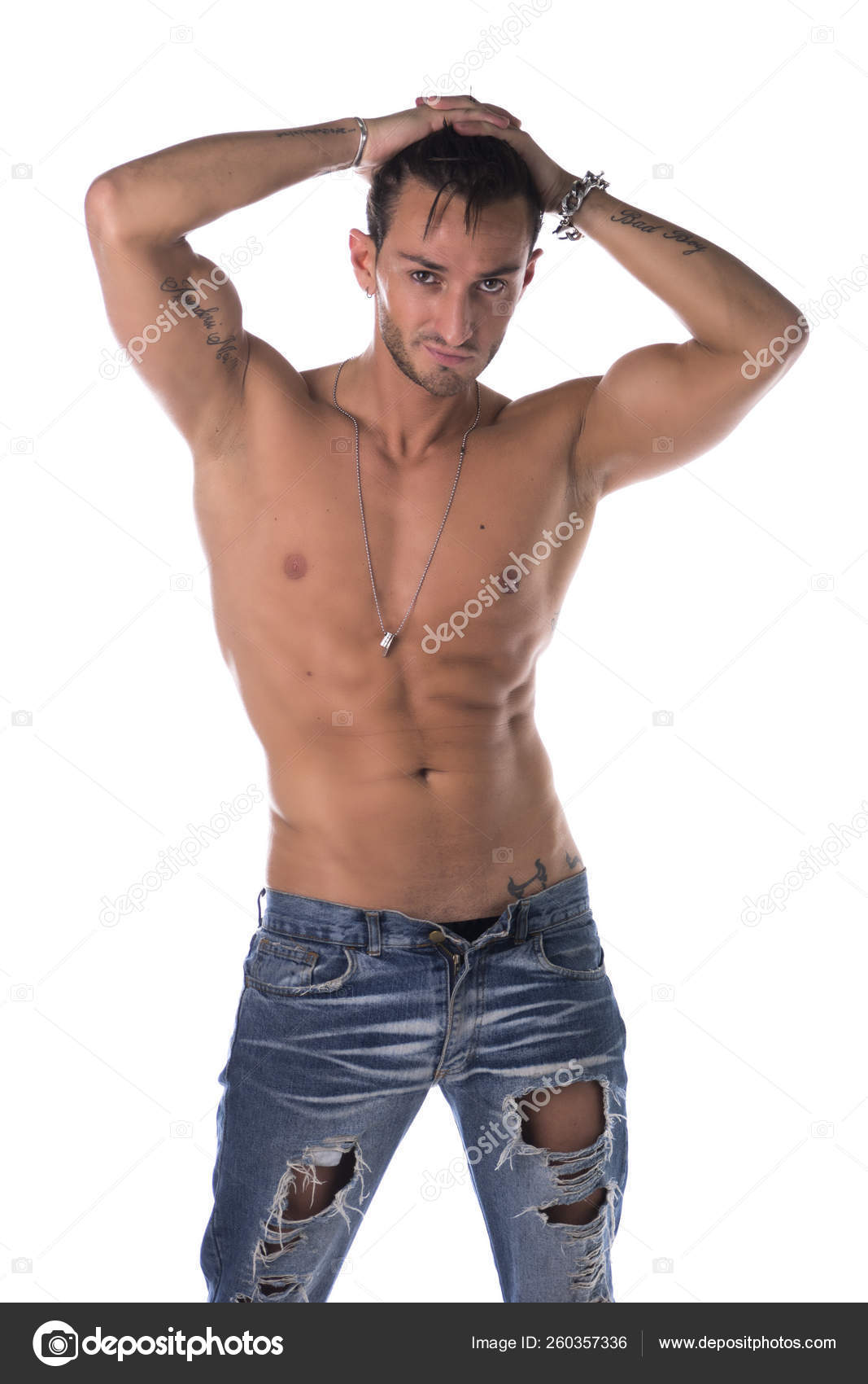 Handsome Lean Shirtless Man Jeans Looking Camera Isolated White Stock ...