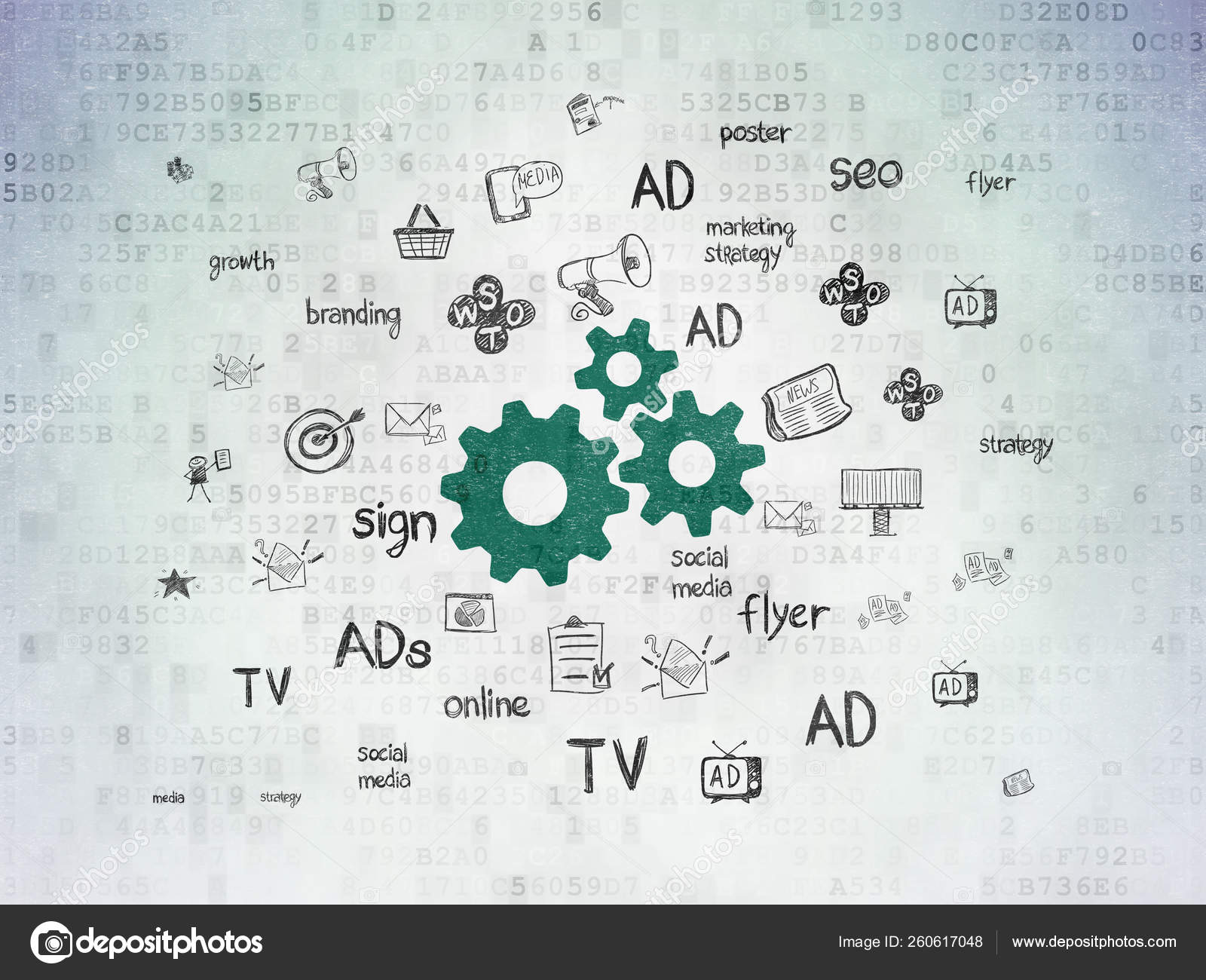 Marketing Concept Painted Green Gears Icon Digital Data Paper Background Stock Photo by ...