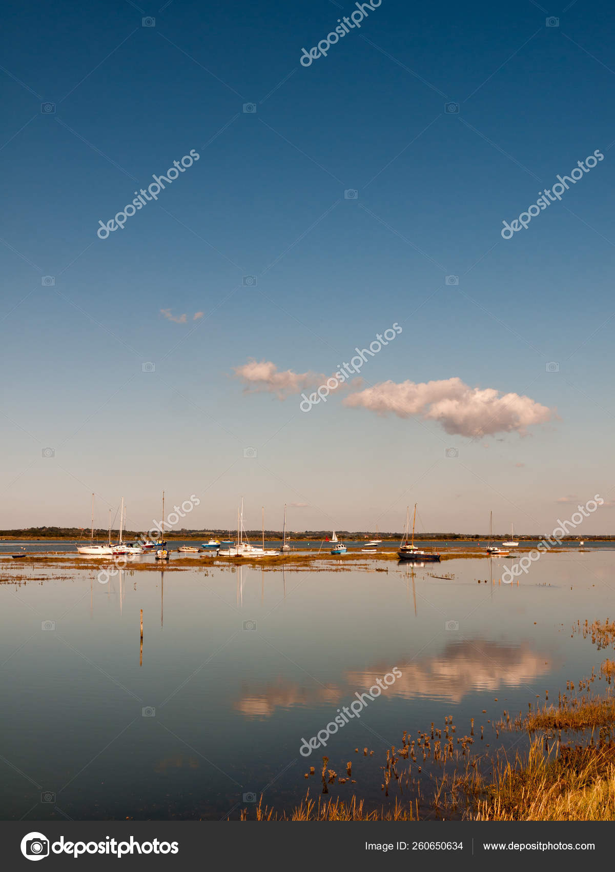 Beautiful Estuary Scene Blue Sky Moored Boats Masts Reflection Cloud ...