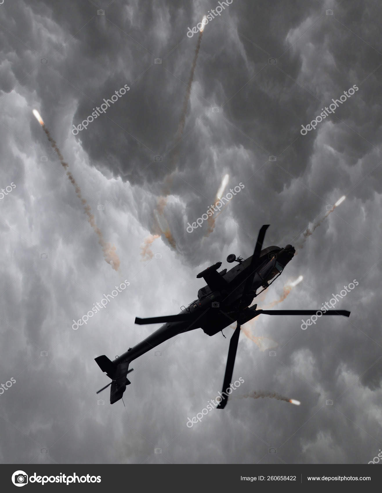 Silhouette Attack Helicopter Firing Flares Storm Coming Stock Photo by ...