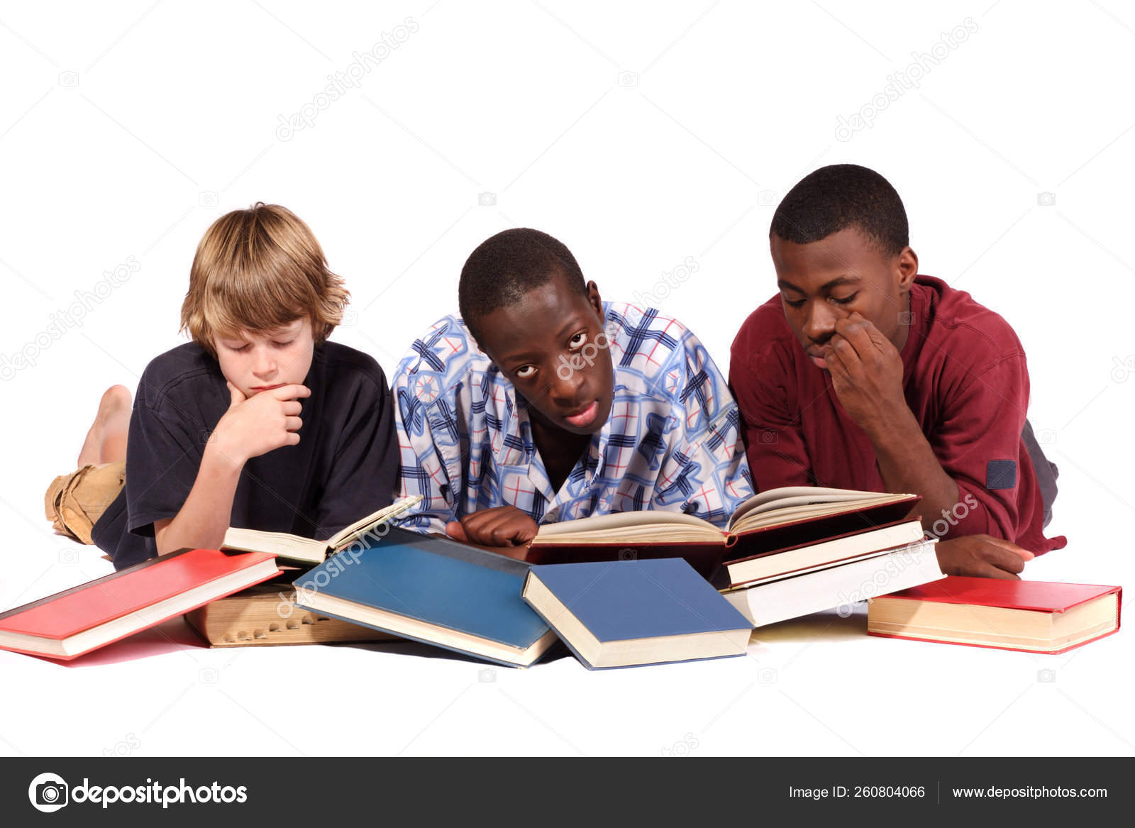 Two Boys Study While Boy Middle Has Had Enough Stock Photo by ...