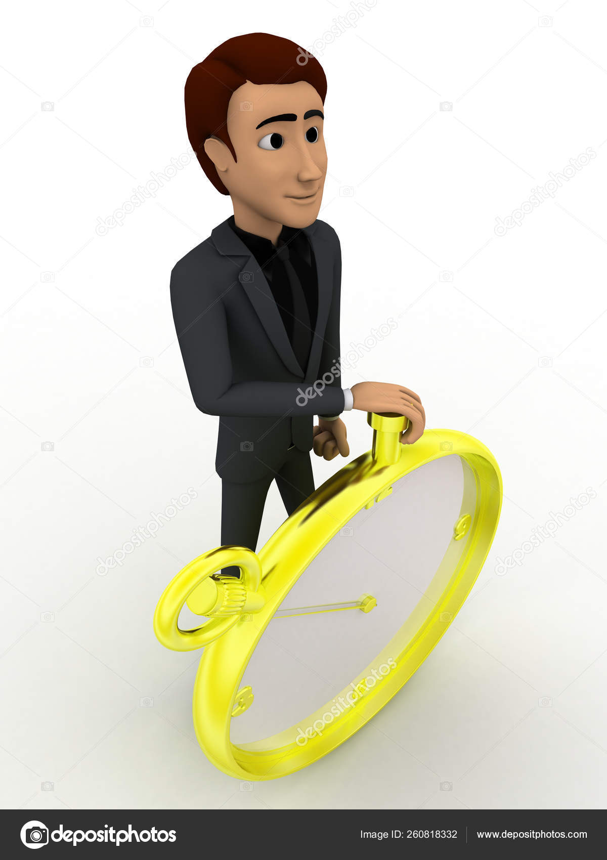 Man Standing Yellow Alarm Clock Concept White Background Top Angle ...