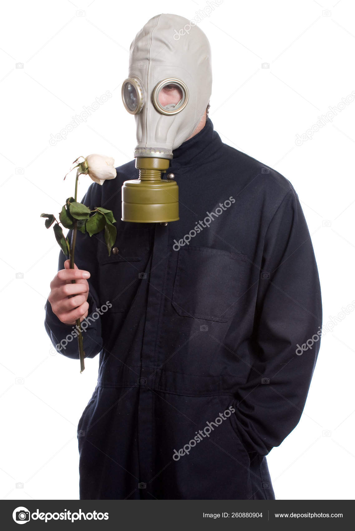 Guy Wearing Gas Mask Holding Wilting Rose Isolated White Background ...