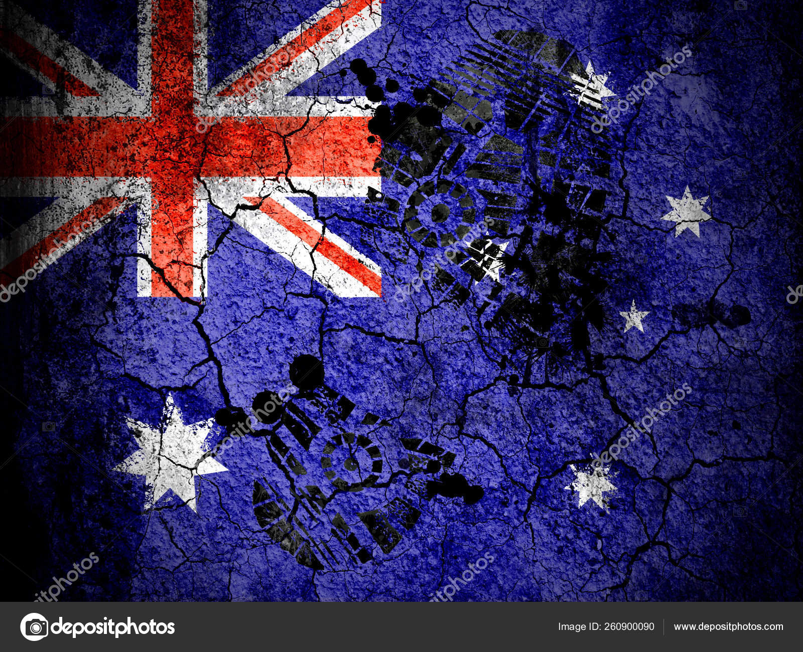 Australian Flag Painted Cracked Ground Vignette Dirty Oil Footprint ...