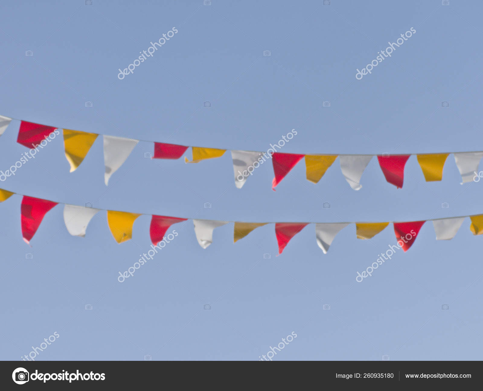 Two Rows Colorful Triangular Flags Occur Background Blue Sky — Stock ...