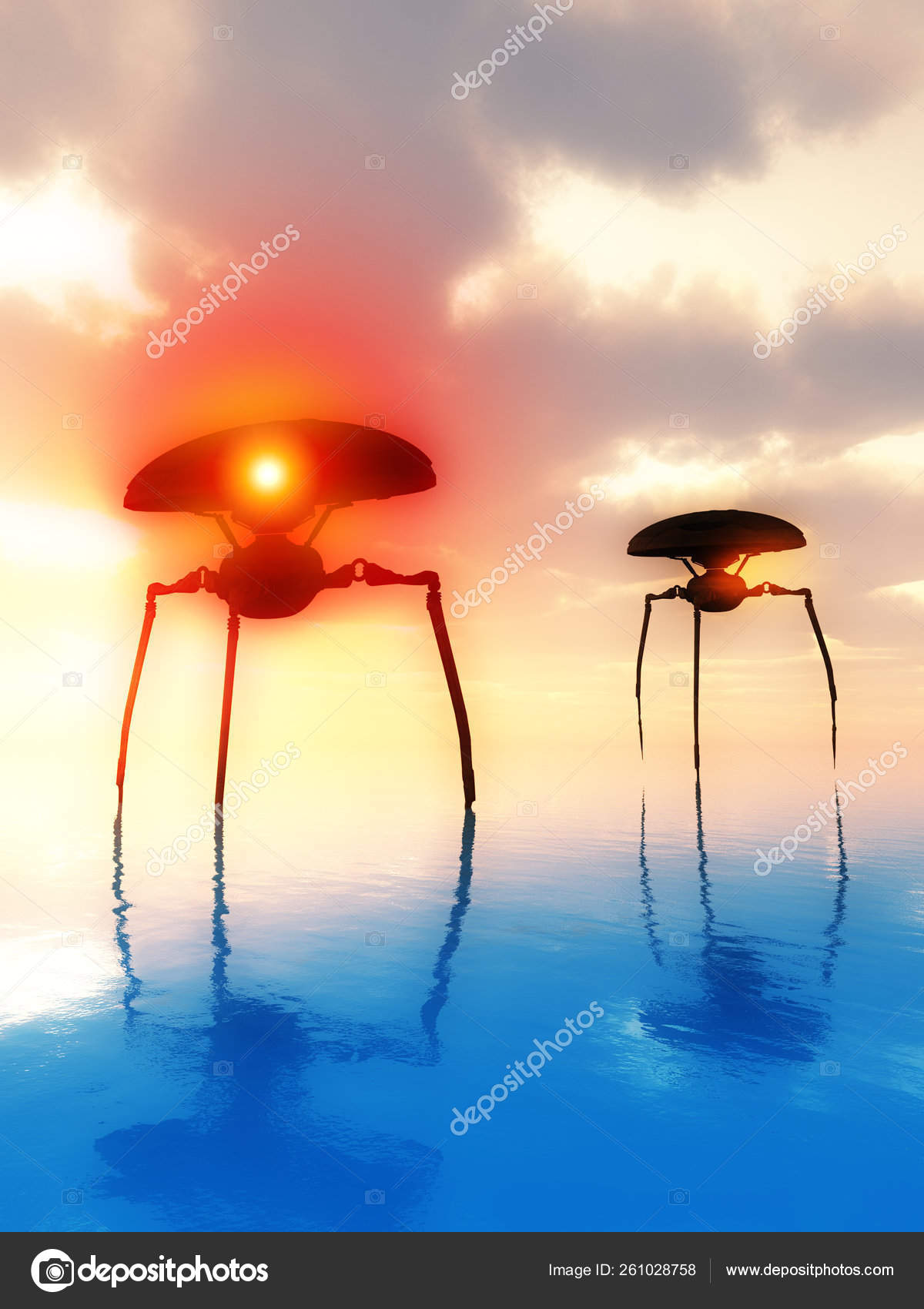 Two Invading Alien Tripods Walking Ocean Stock Photo by ©YAYImages ...