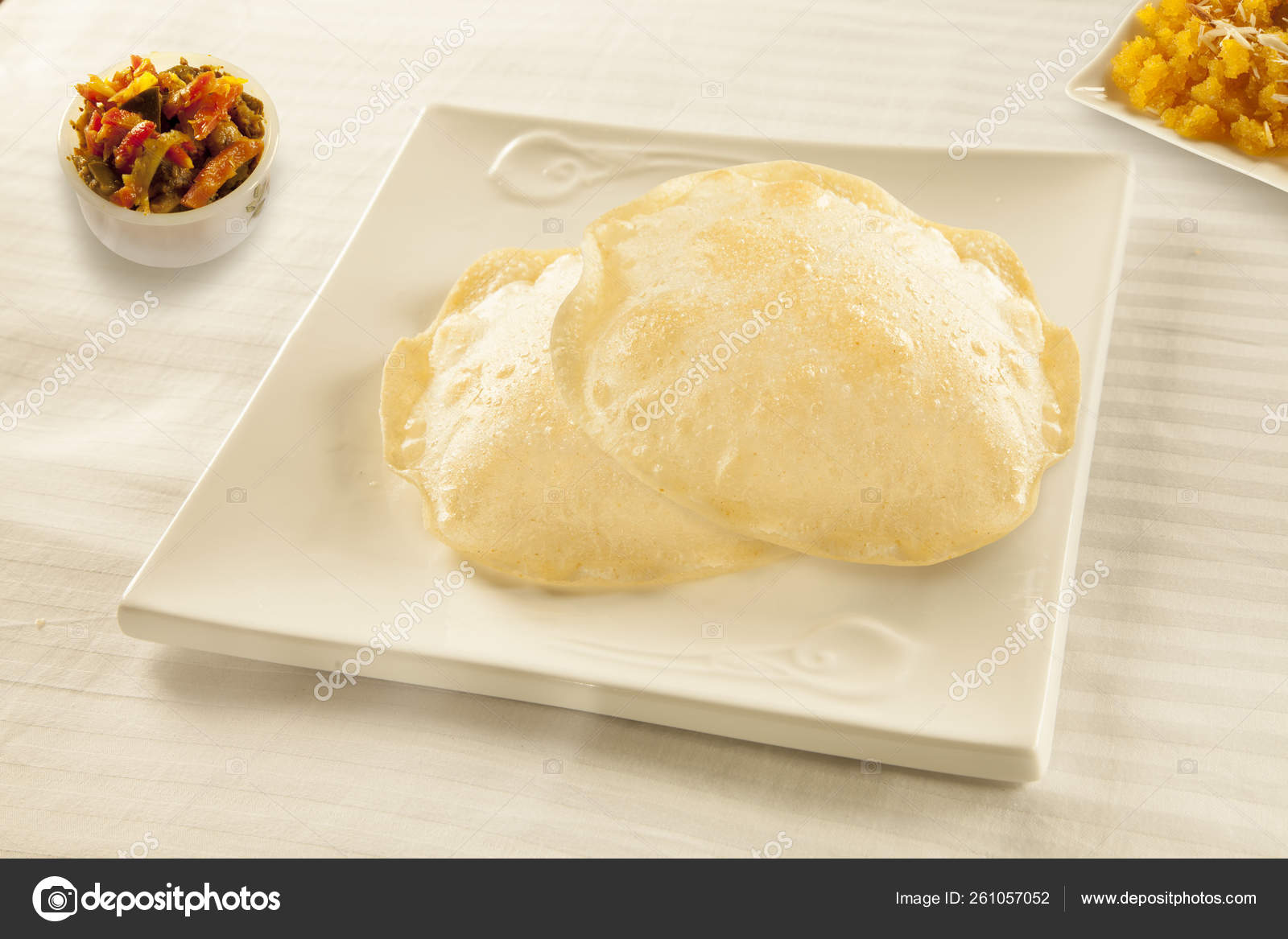 Fried Flat Bread Puri Halwa Sweet Achaar Pickles Stock Photo by ...