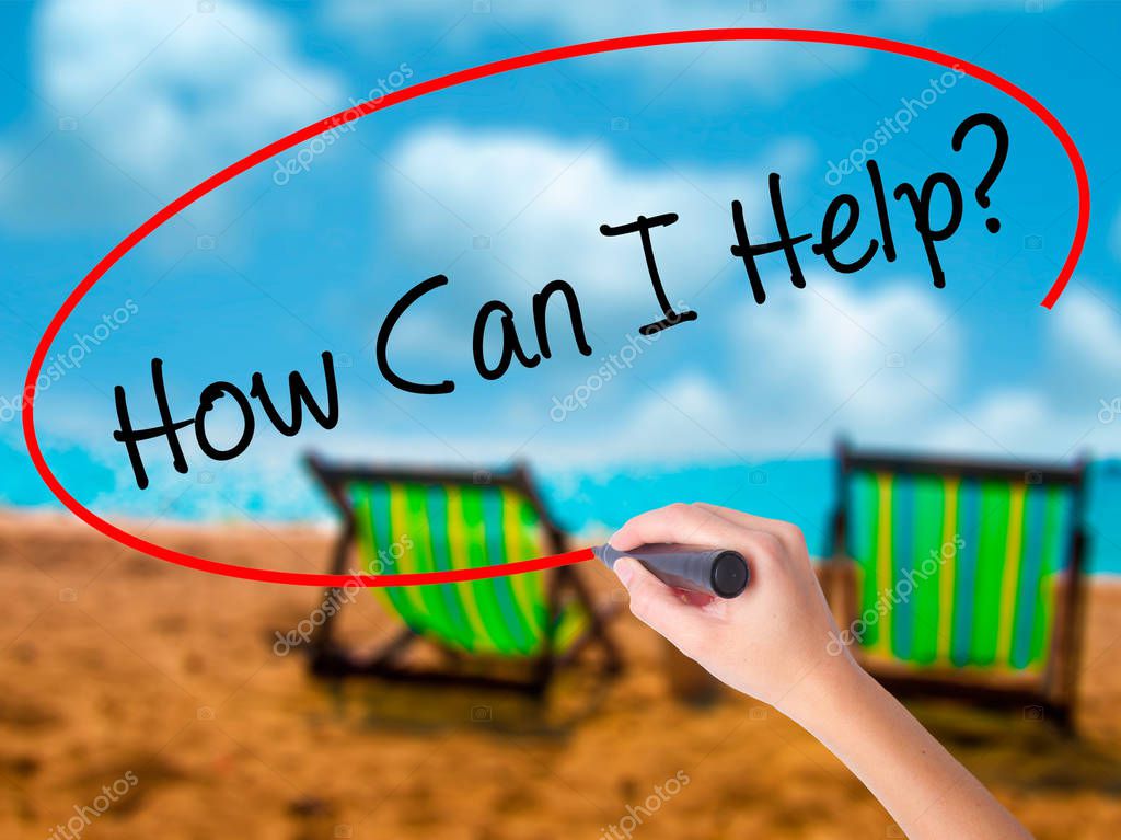Man Hand writing ¿Cómo puedo ayudar? con marcador negro en la pantalla ...