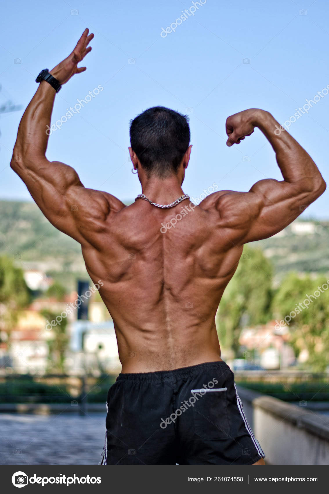 Back Muscular Bodybuilder Classic Pose Outdoors Wearing Black Trunks ...
