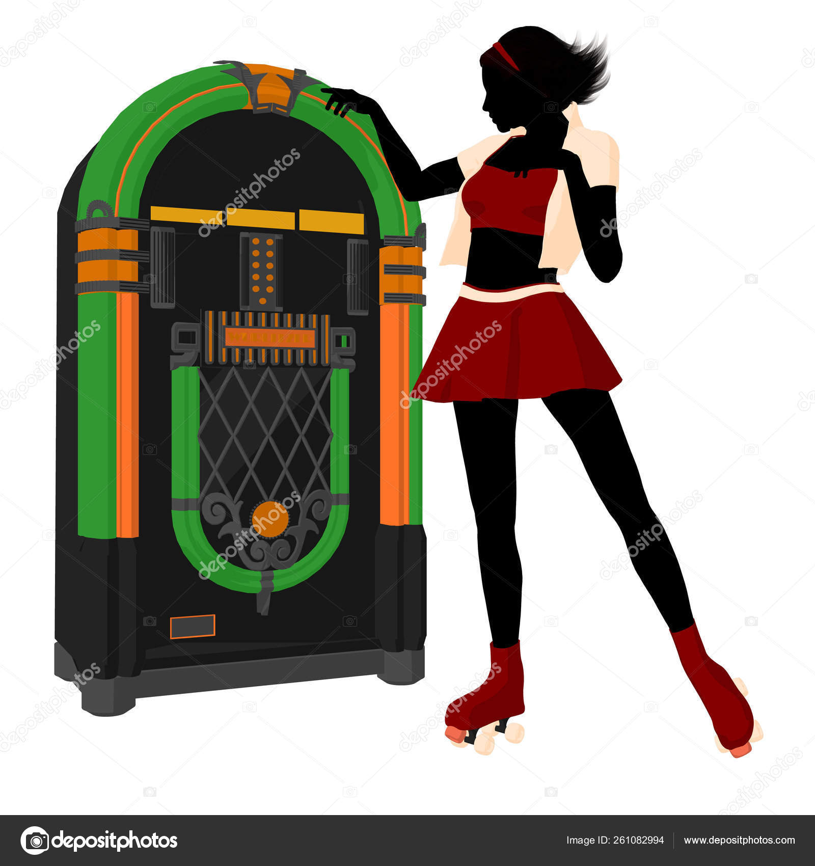 Girl Roller Skates Standing Jukebox Silhouette White Background Stock ...