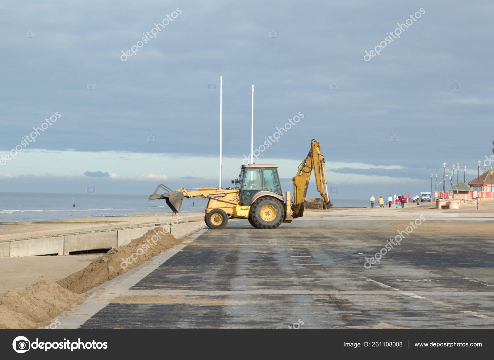 Yellow Digger Empties Sand Beach Seafront Path Walkers Distance – Stock ...