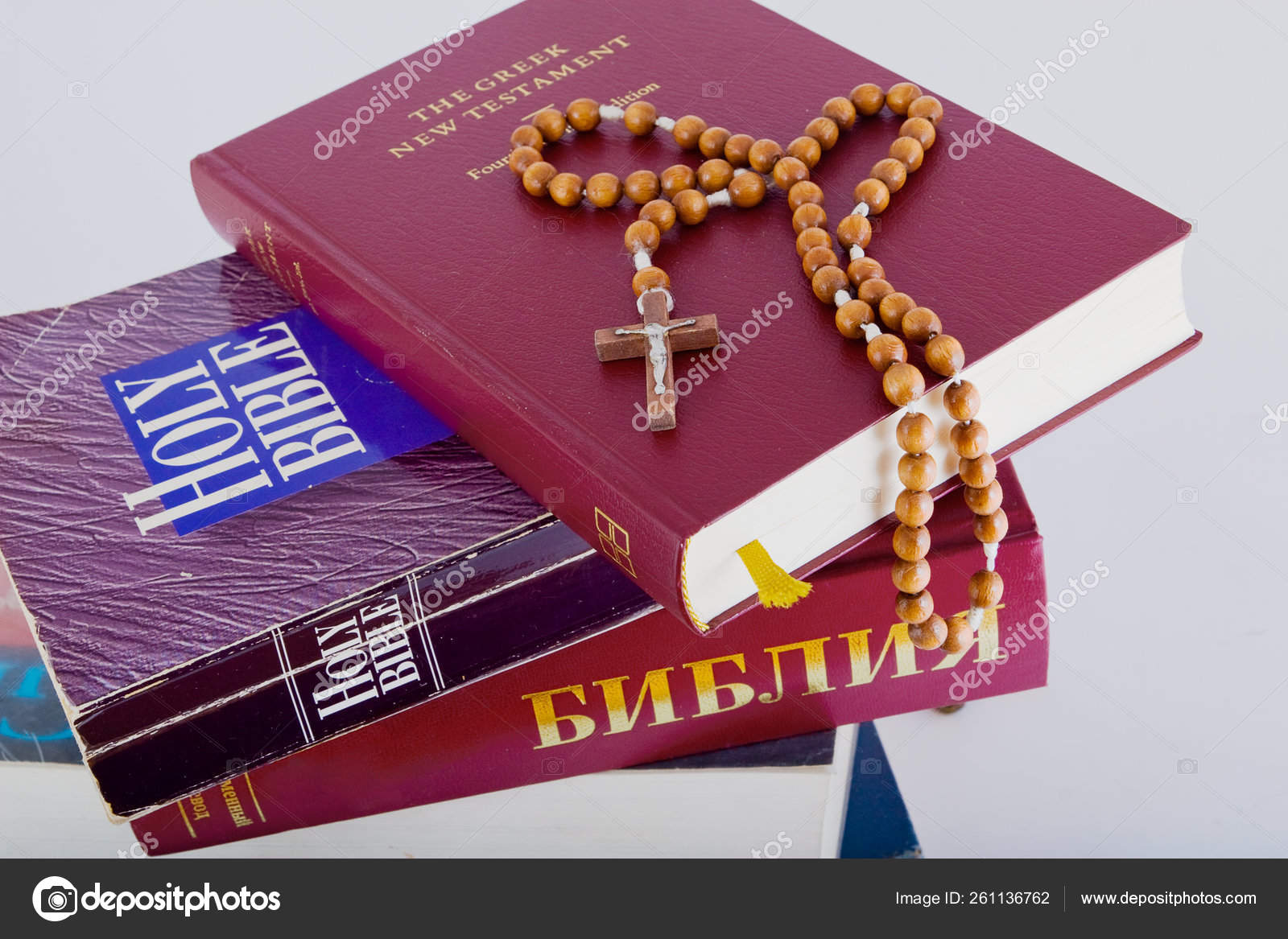 Open Holy Bible Lying Stack Old Books Glasses Cross Beads Stock Photo ...