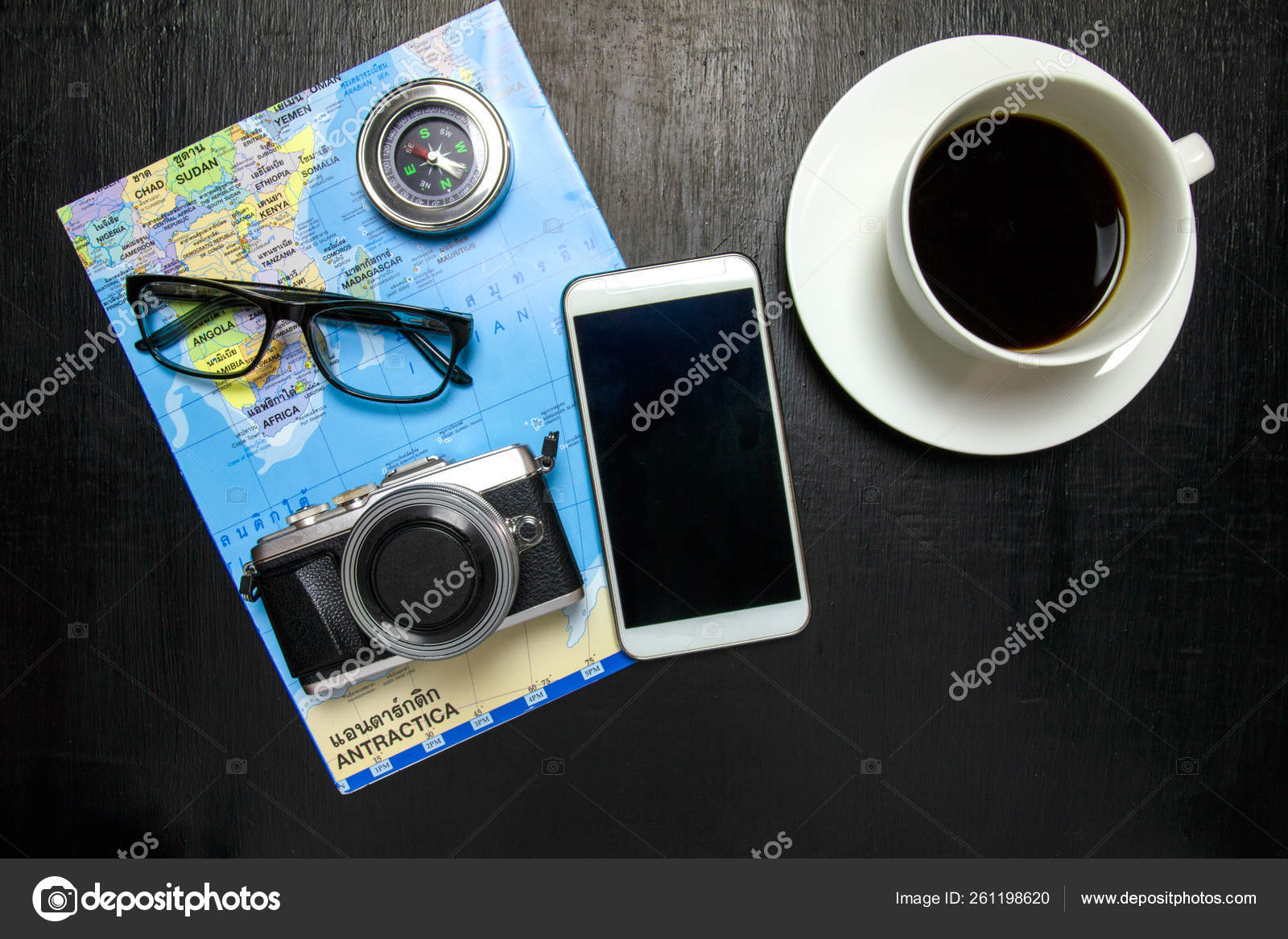 Top View Office Desk Workspace Coffee Cup Camera World Map Stock Photo ...