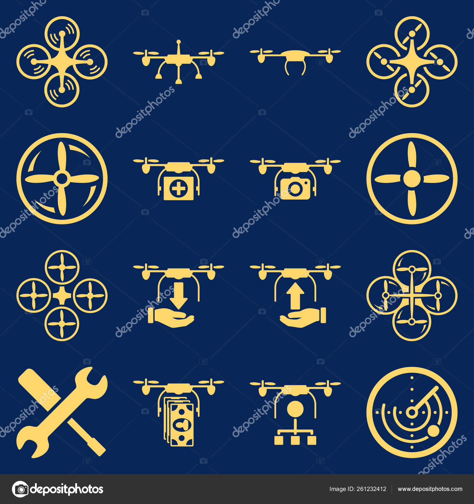 Flying Drone Flat Bicolor Icons Pictograms Use Yellow Color Glyphs ...