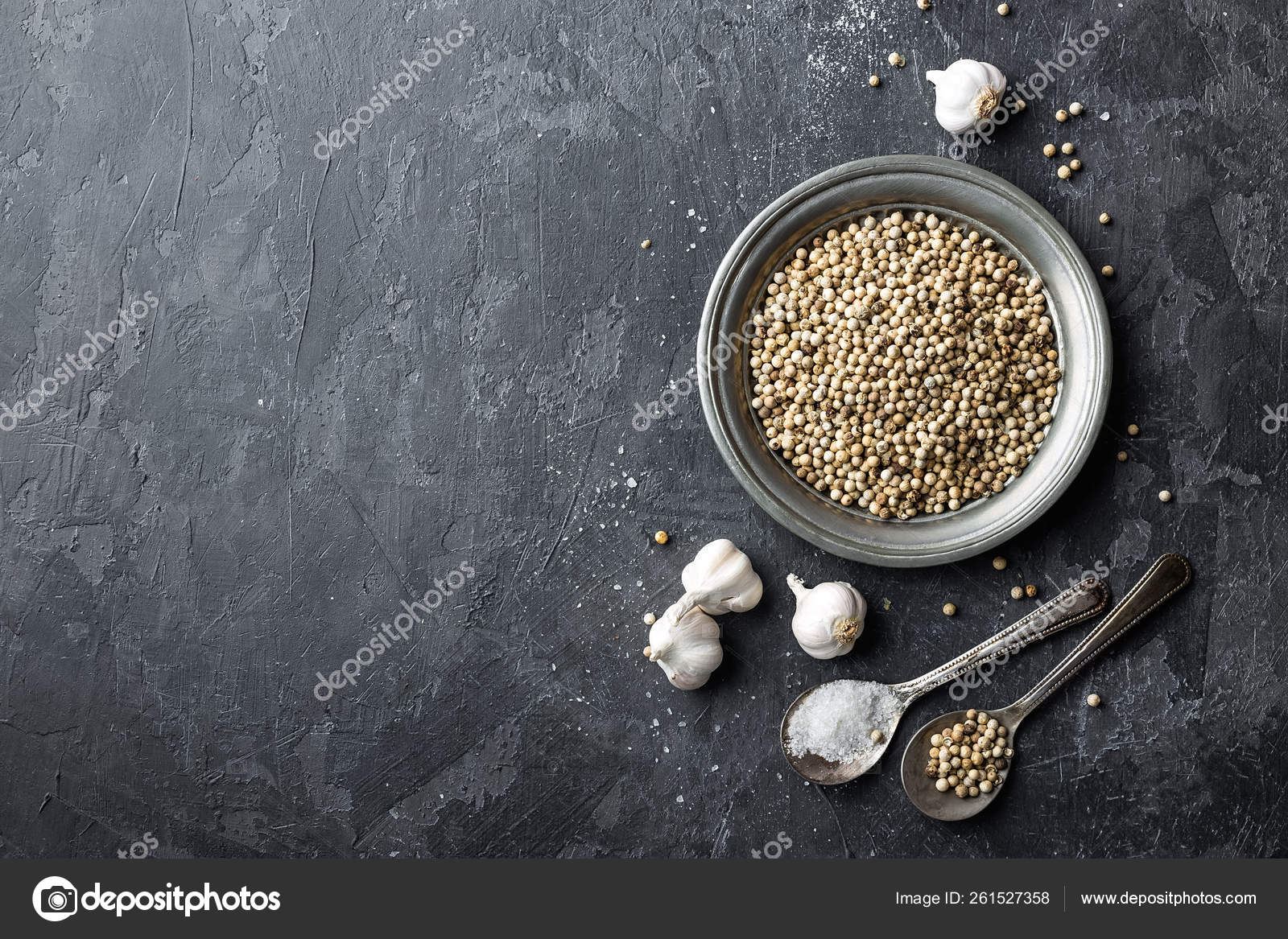 White Pepper Garlic Salt Dark Grey Culinary Background Various Spices ...