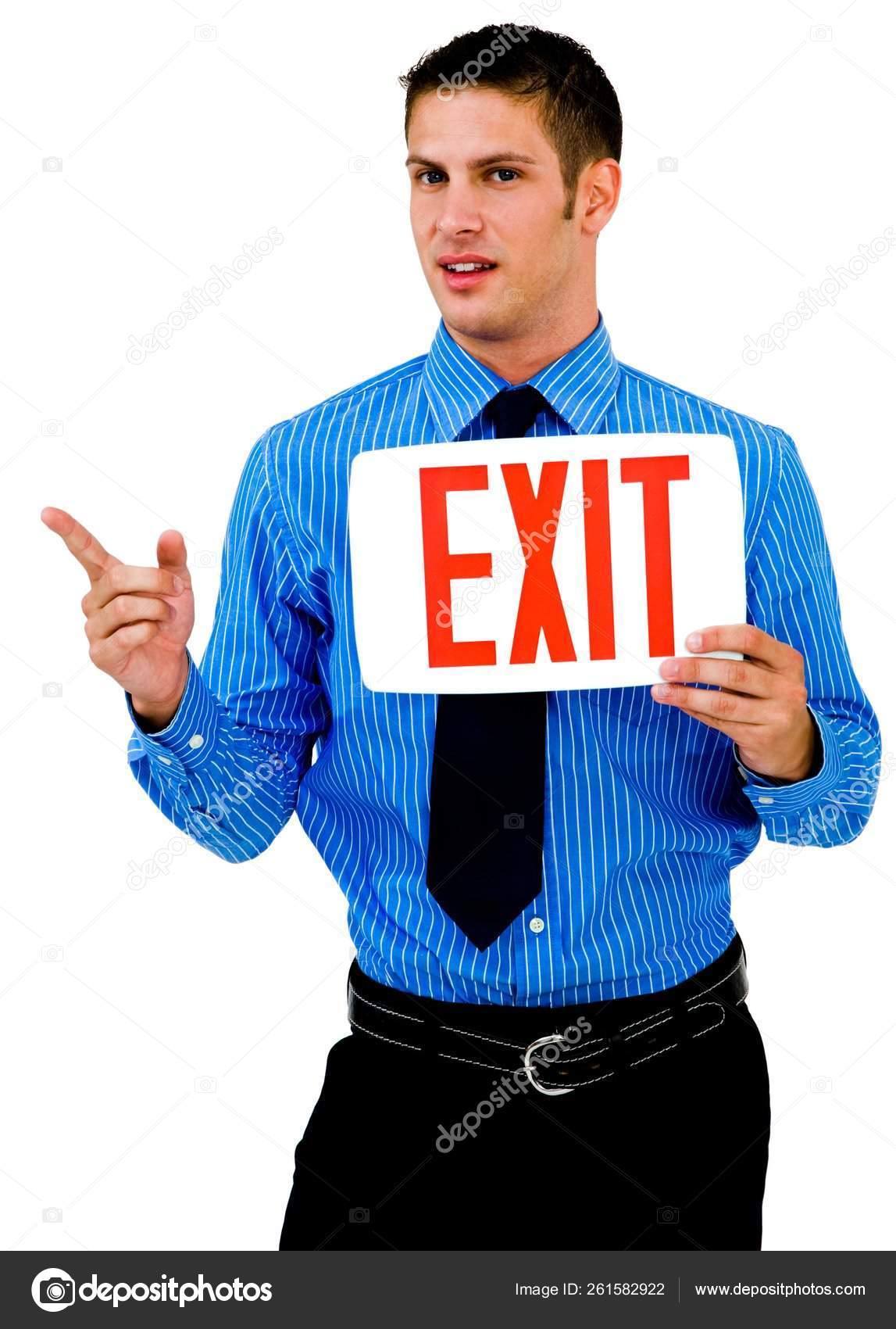 Portrait Man Showing Exit Sign Isolated White Stock Photo by ©YAYImages ...