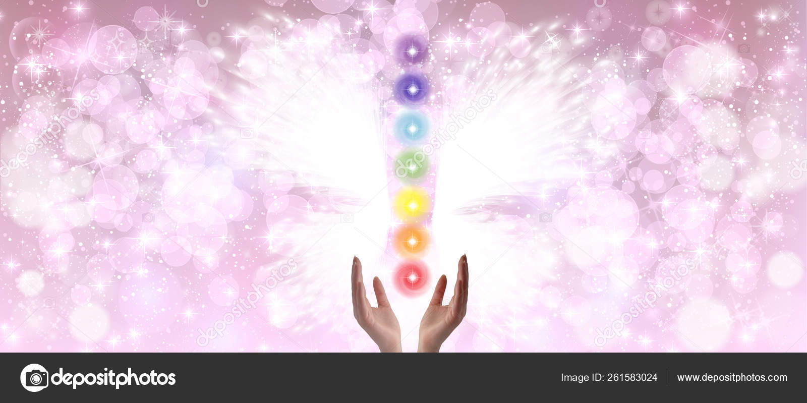 Manos Curativas Siete Chakras Sobre Brillante Fondo Color Pastel — Foto ...