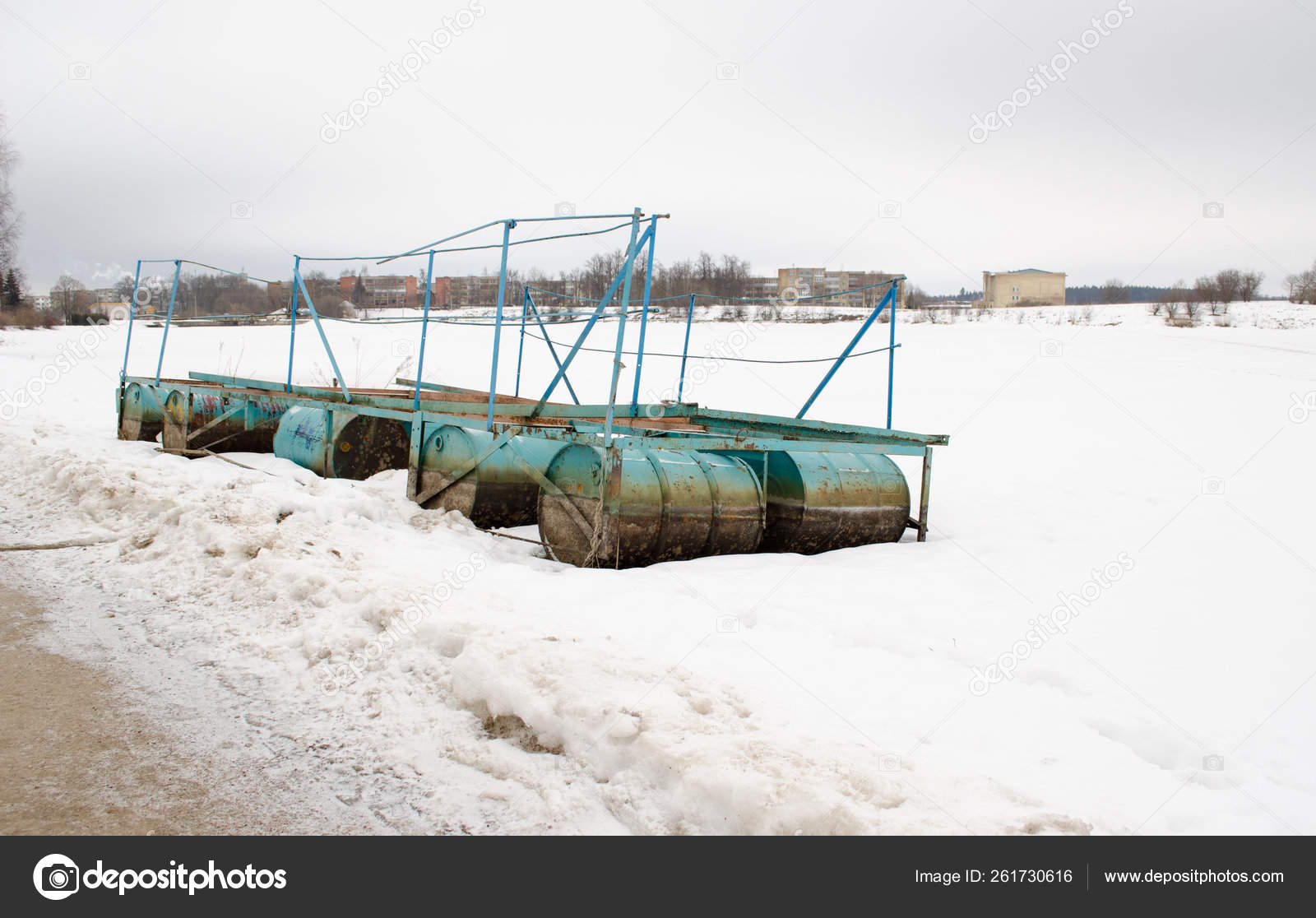 Quay Dock Made Old Steel Barrels Covered Snow Wait Warm – Stock ...