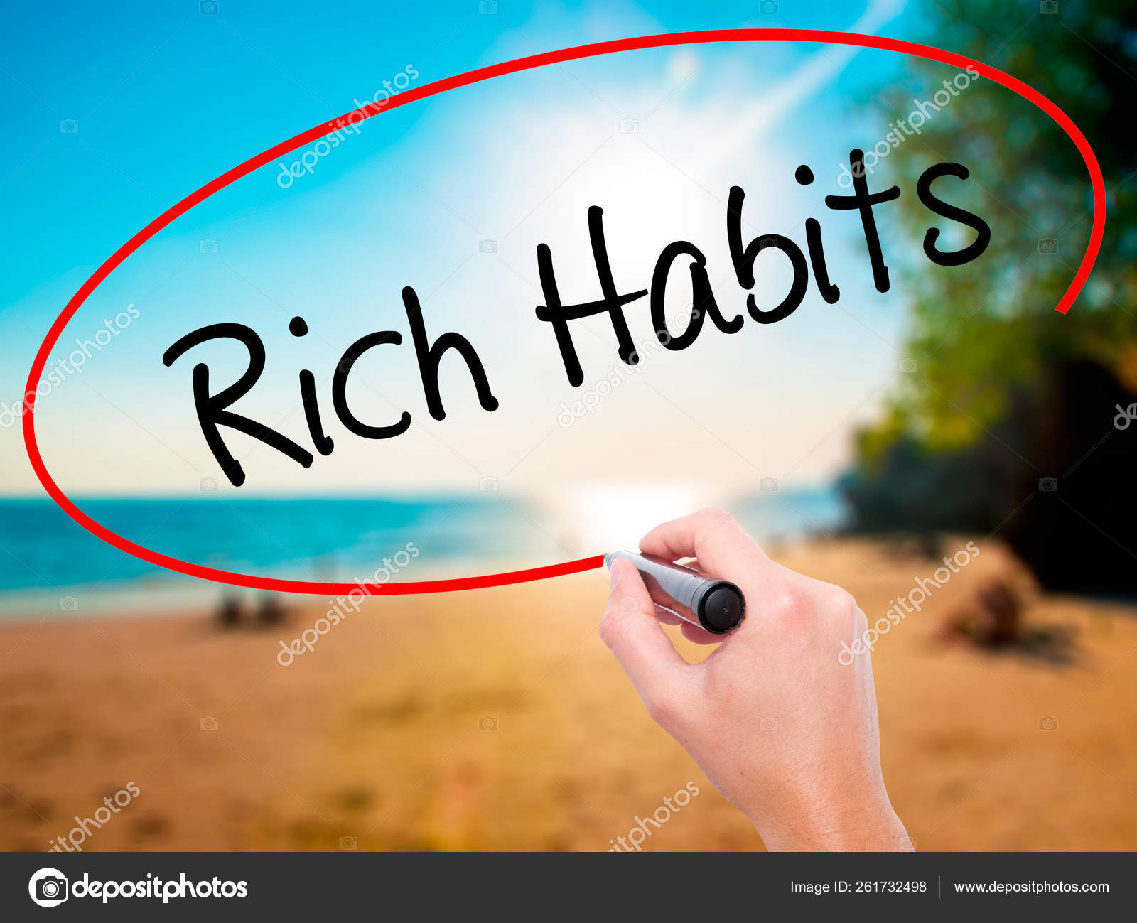 Man Hand Writing Rich Habits Black Marker Visual Screen Isolated Stock ...