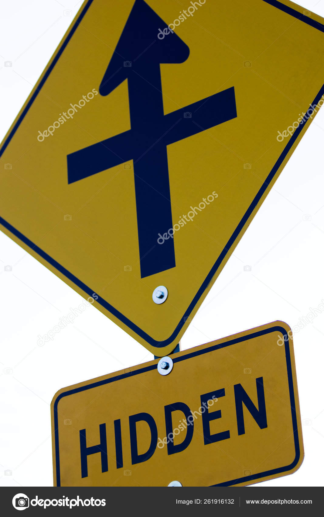 Closeup Yellow Road Sign Indicating Hidden Road Ahead Isolated White ...