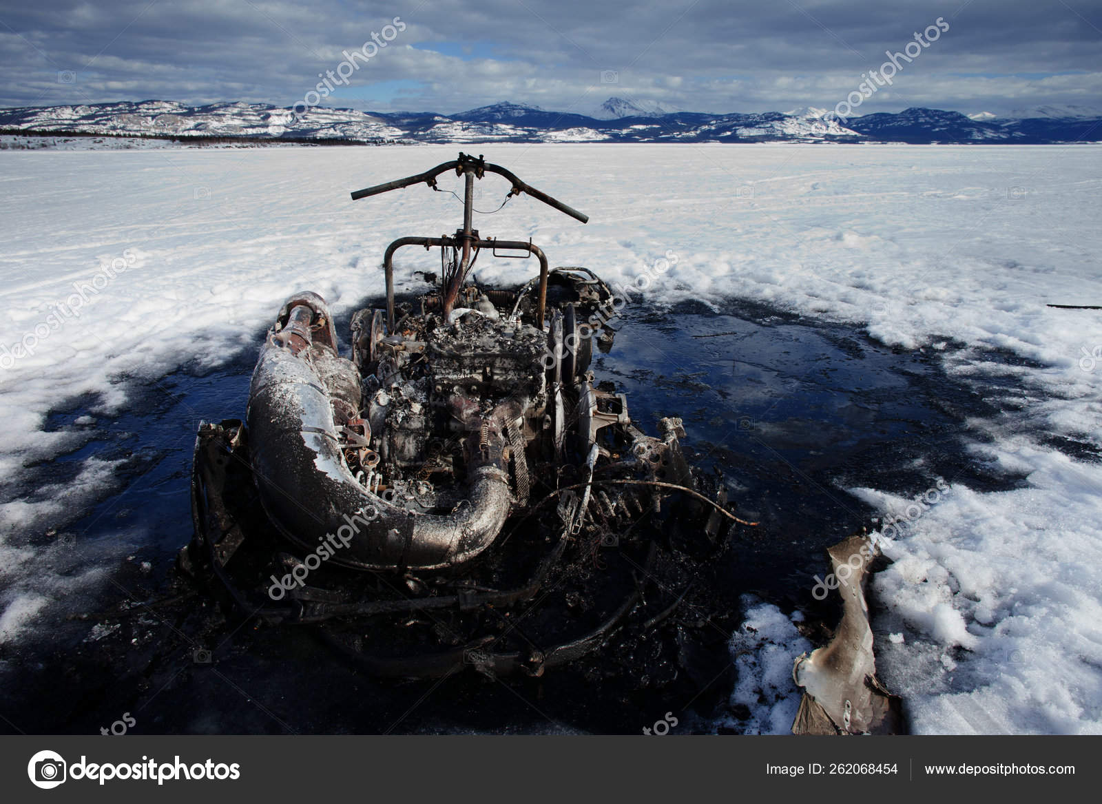 Charred Remains Snowmobile Burnt Out Winter Motorsports Mishap Frozen ...