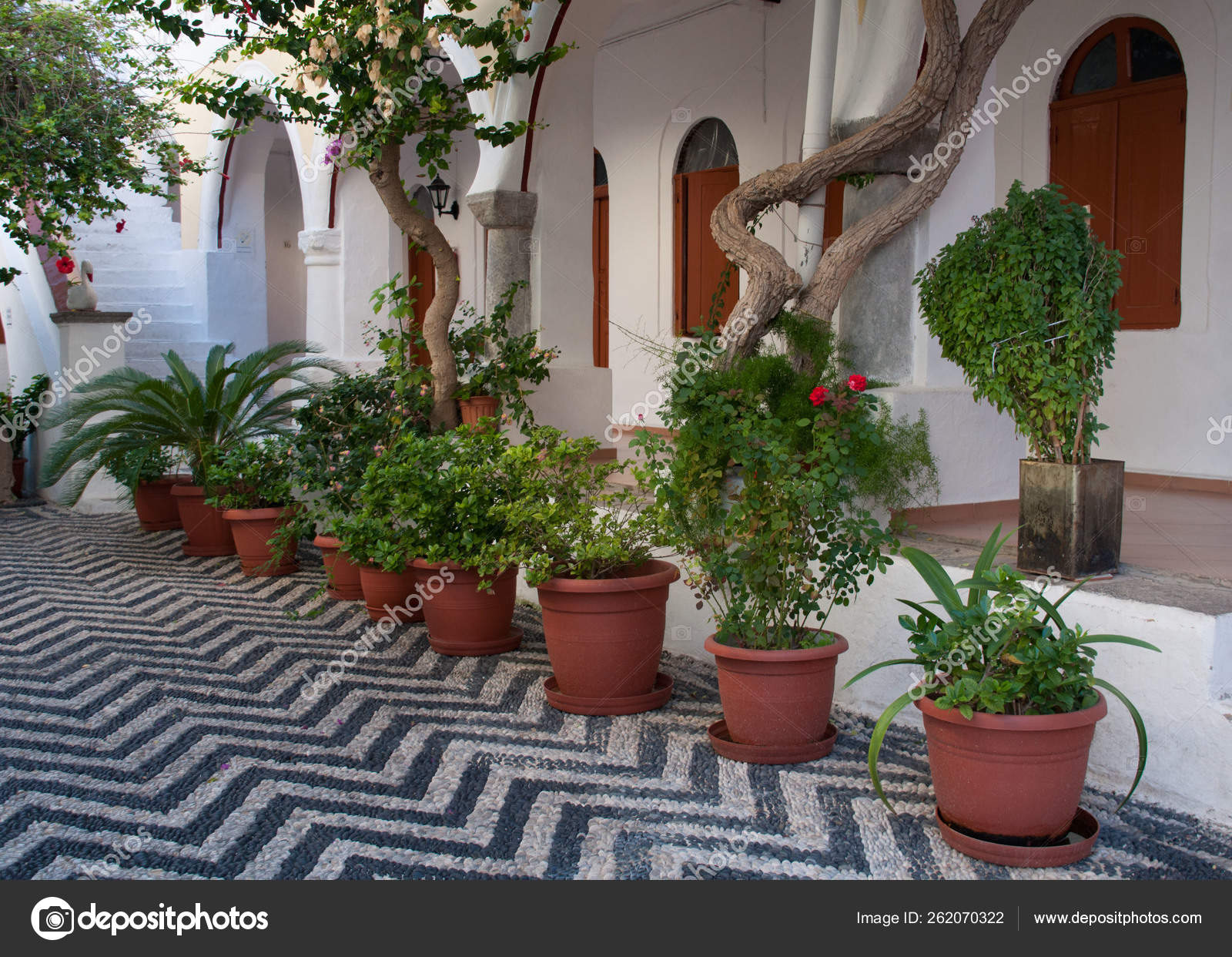Pretty Courtyard Panormitis Monastery Greek Mediterranean Island Symi ...