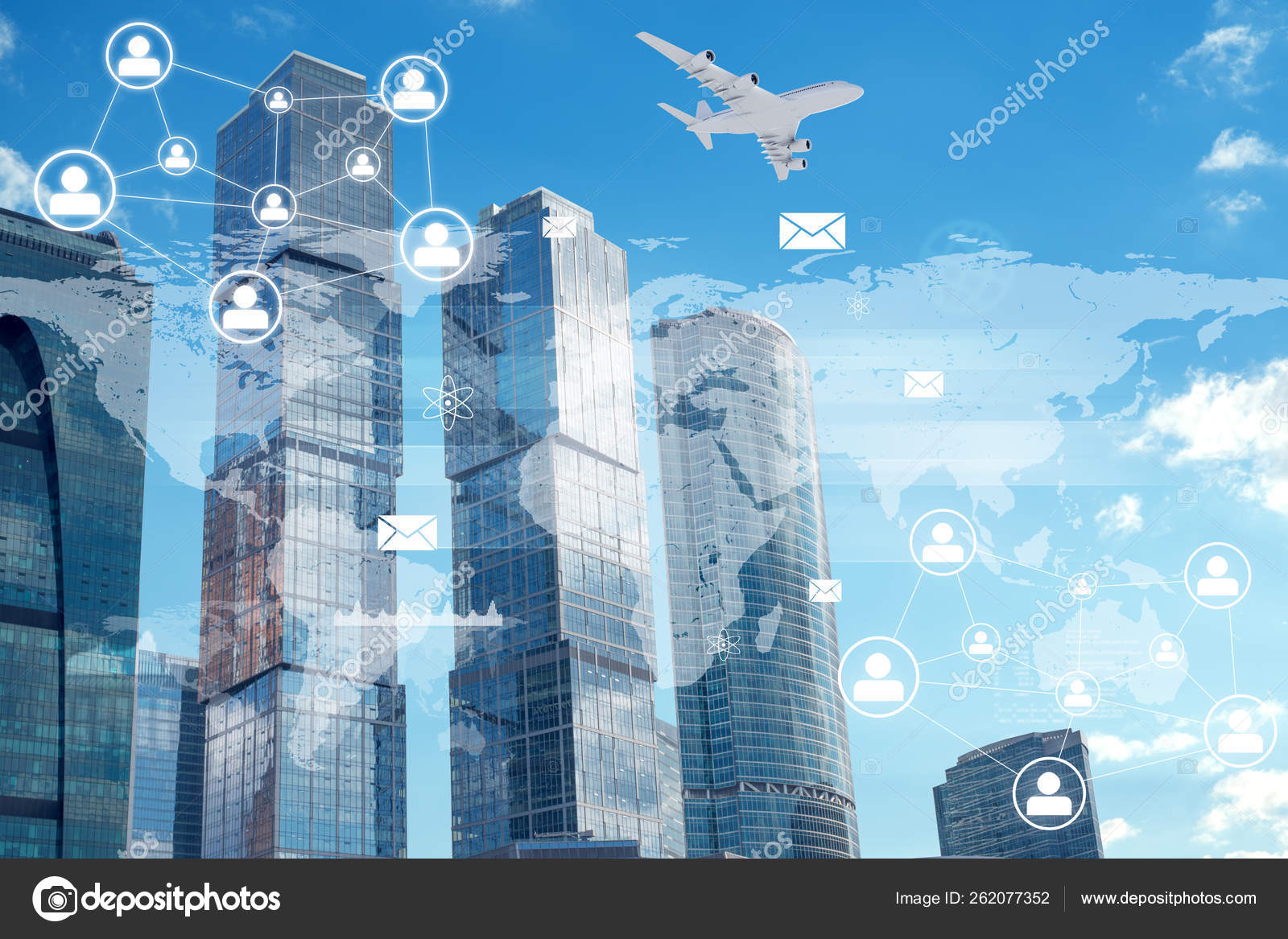 High Rise Buildings World Map Jet Blue Sky Background — Stock Photo ...