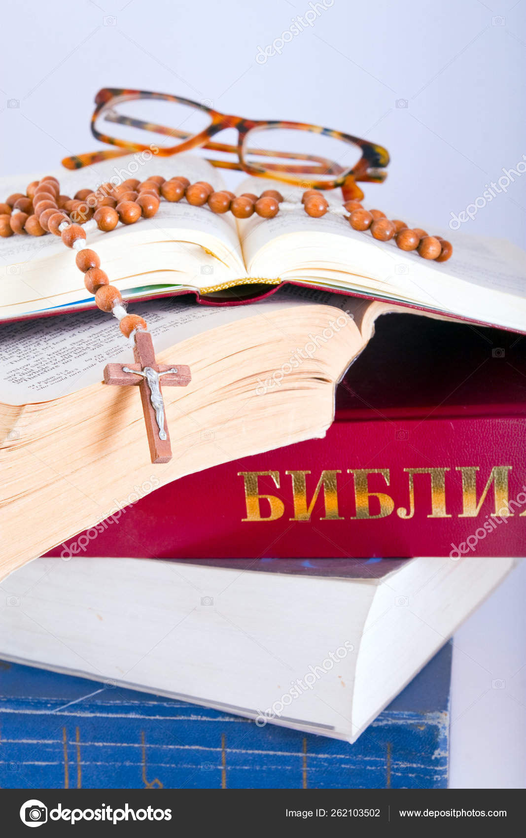 Open Holy Bible Lying Stack Old Books Glasses Cross Beads Stock Photo ...