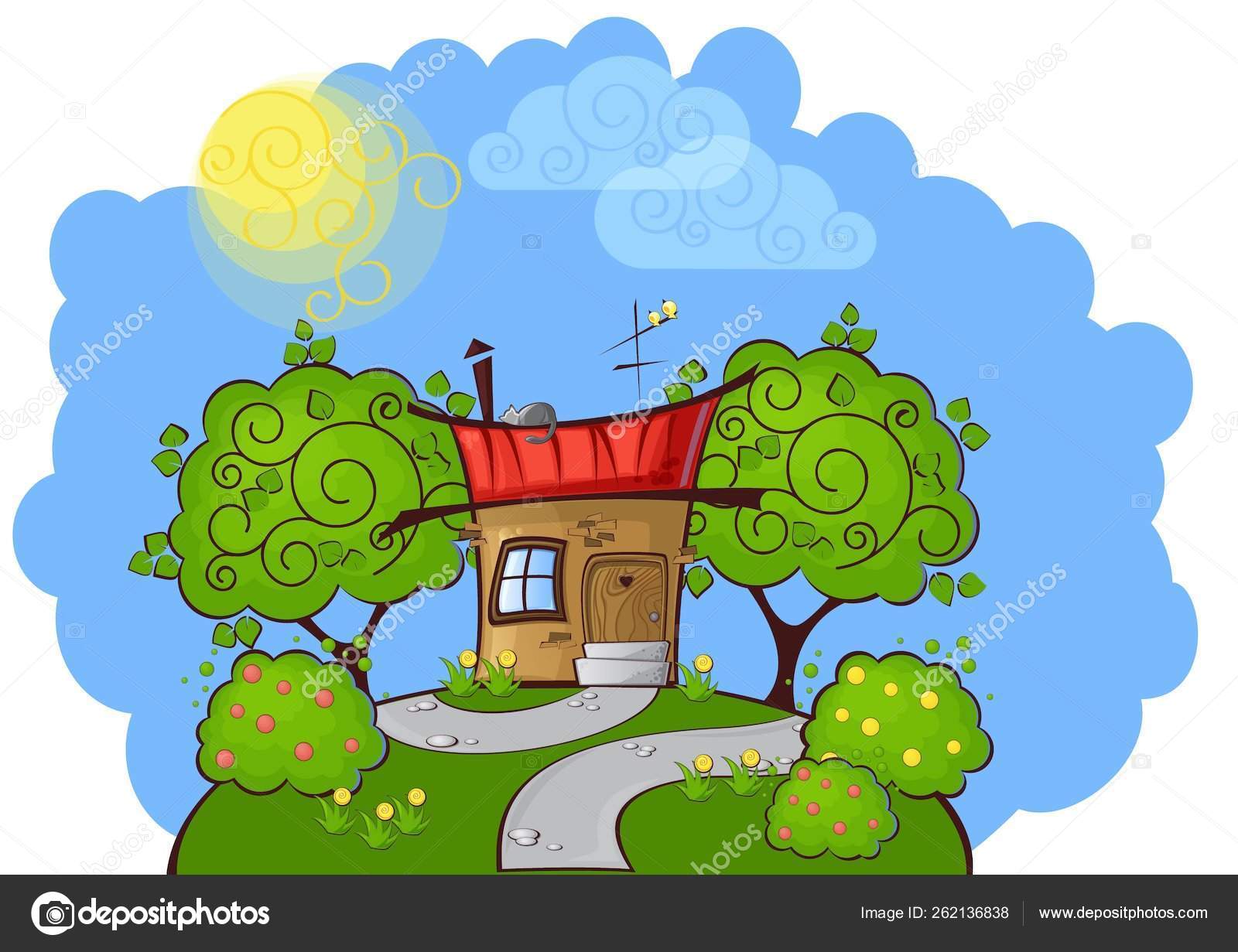 Background Path Cartoon House Cat Roof Surrounded Trees Stock Photo by ...