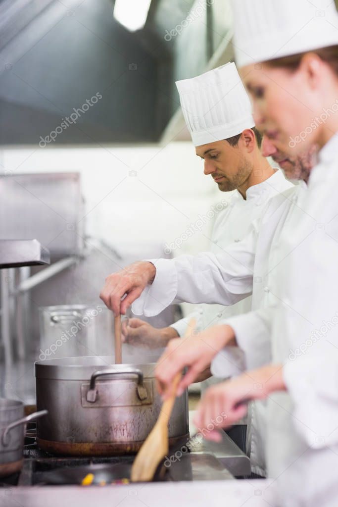 Equipo de chefs cocinando en la estufa en una cocina comercial 2024