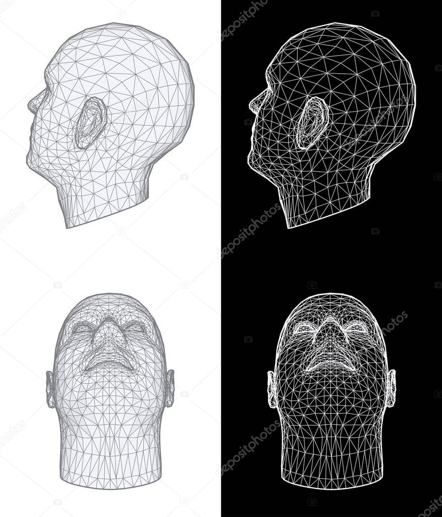 Conjunto de dos vistas de cableado de una cabeza humana en diferentes ...