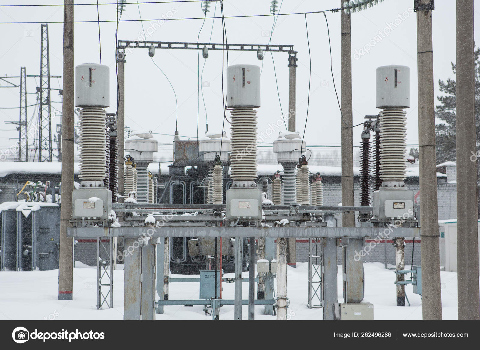 High Voltage Electric Power Substation Winter Day Stock Photo by ...