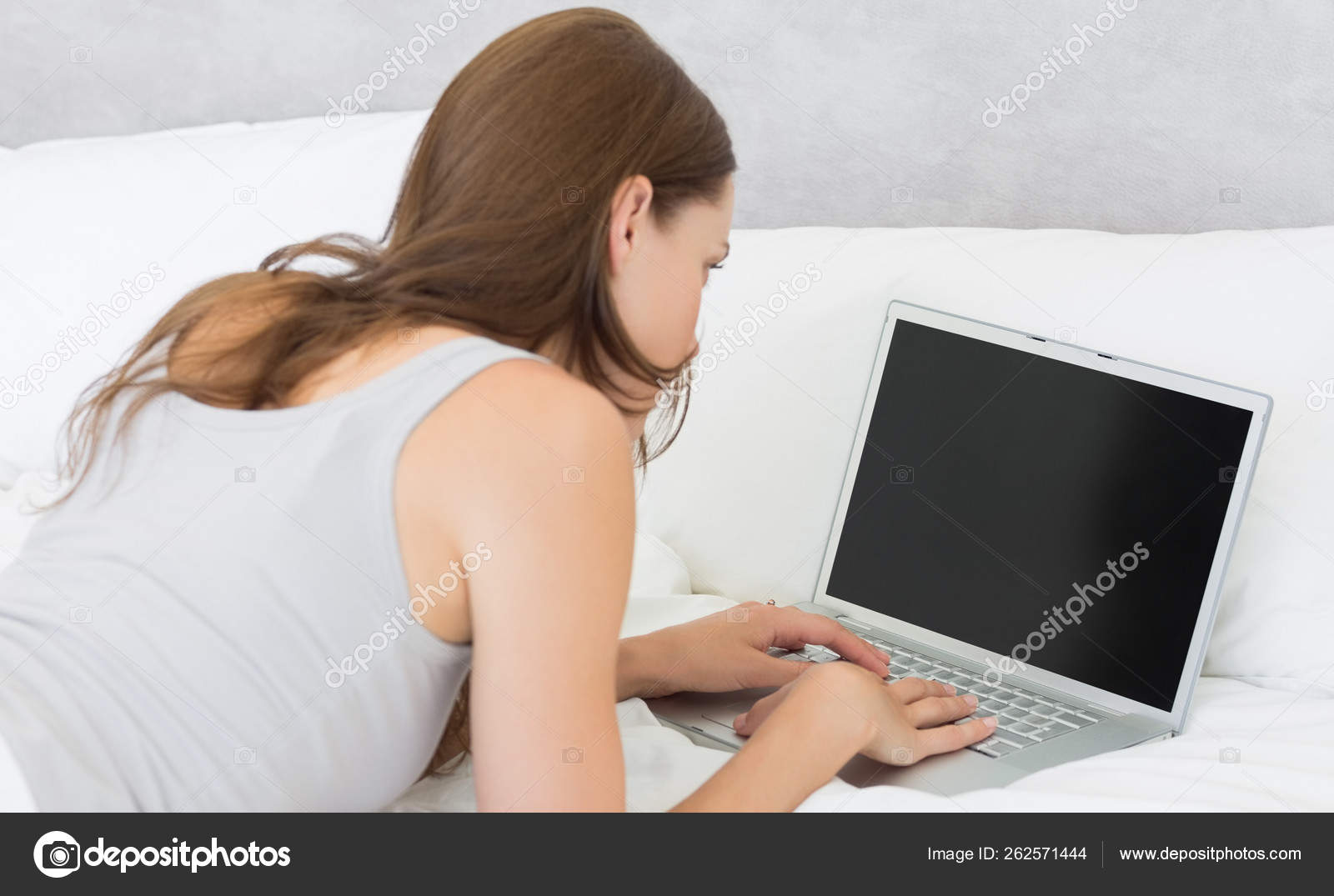 Rear View Relaxed Young Woman Using Laptop Bed Home Stock Photo by ...
