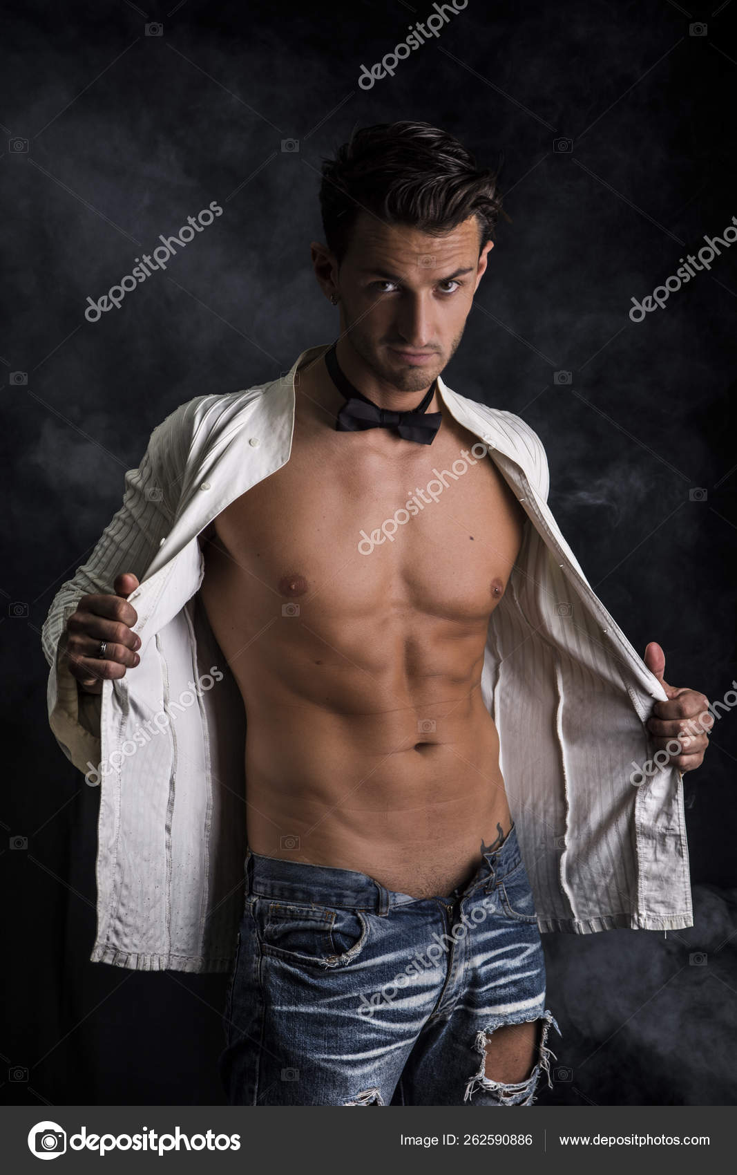 Handsome Lean Man Jeans Taking Shirt Looking Dark Background Stock ...